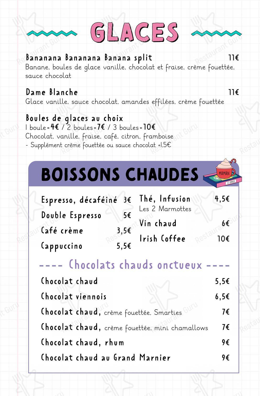 Menu at La Bananas restaurant, Val-d'Isère