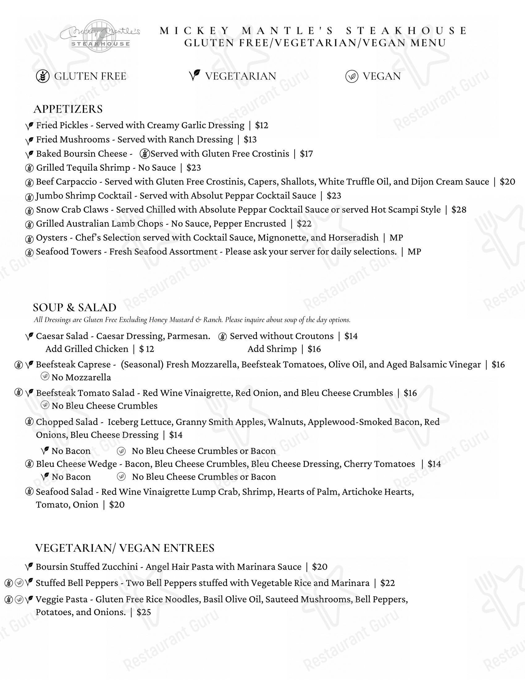 Menu at Mickey Mantle's Steakhouse, Oklahoma City, 7 S Mickey Mantle Dr
