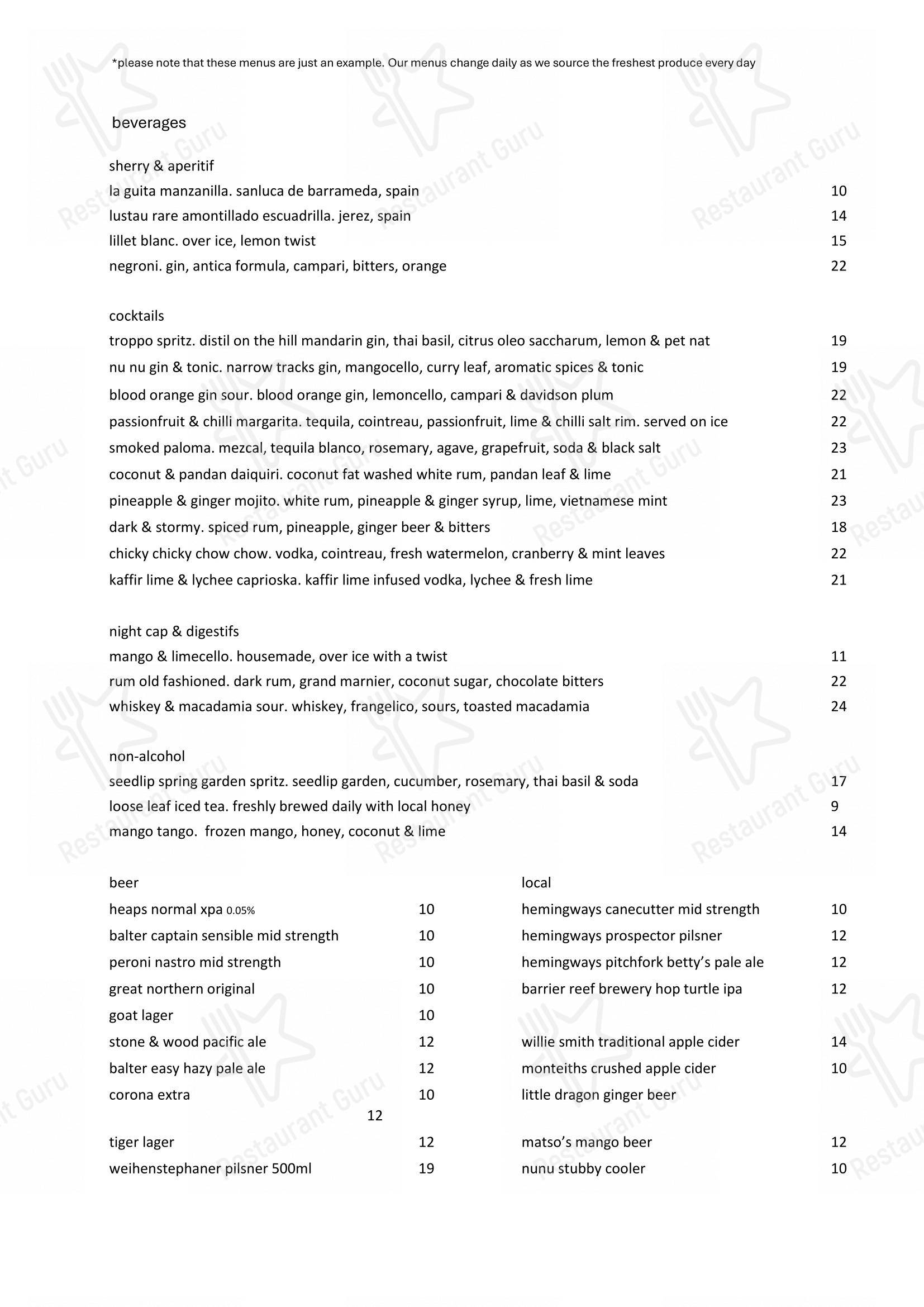 Menu at Nu Nu Restaurant, Palm Cove