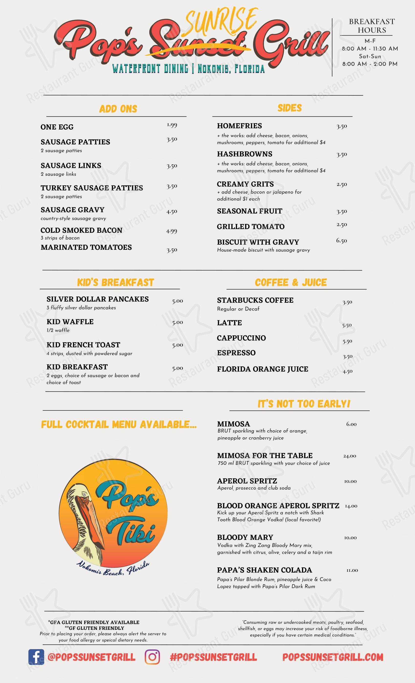 Menu at Pop's Sunset Grill pub & bar, Nokomis