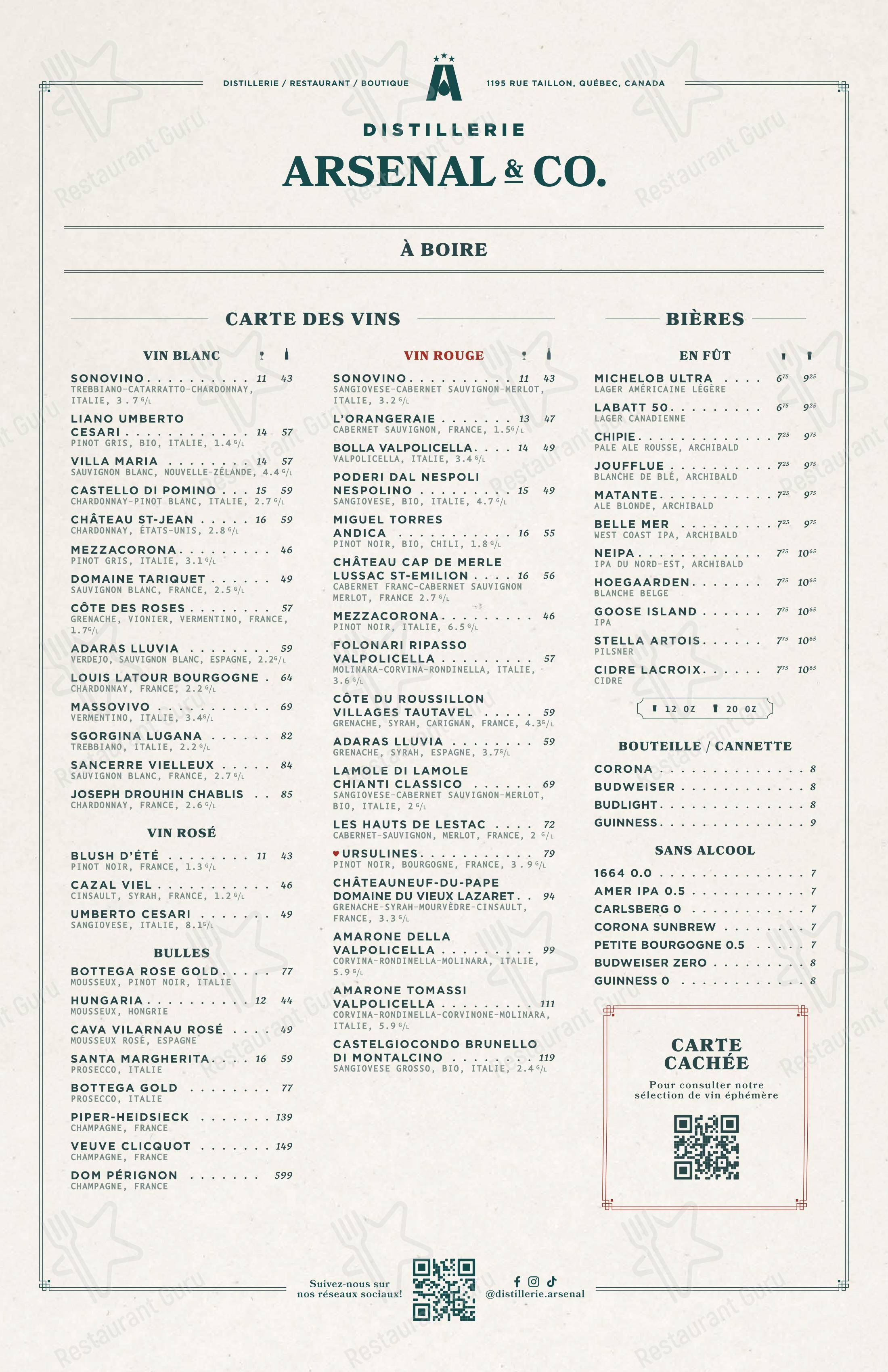 Menu au Restaurant Arsenal & Co., Québec