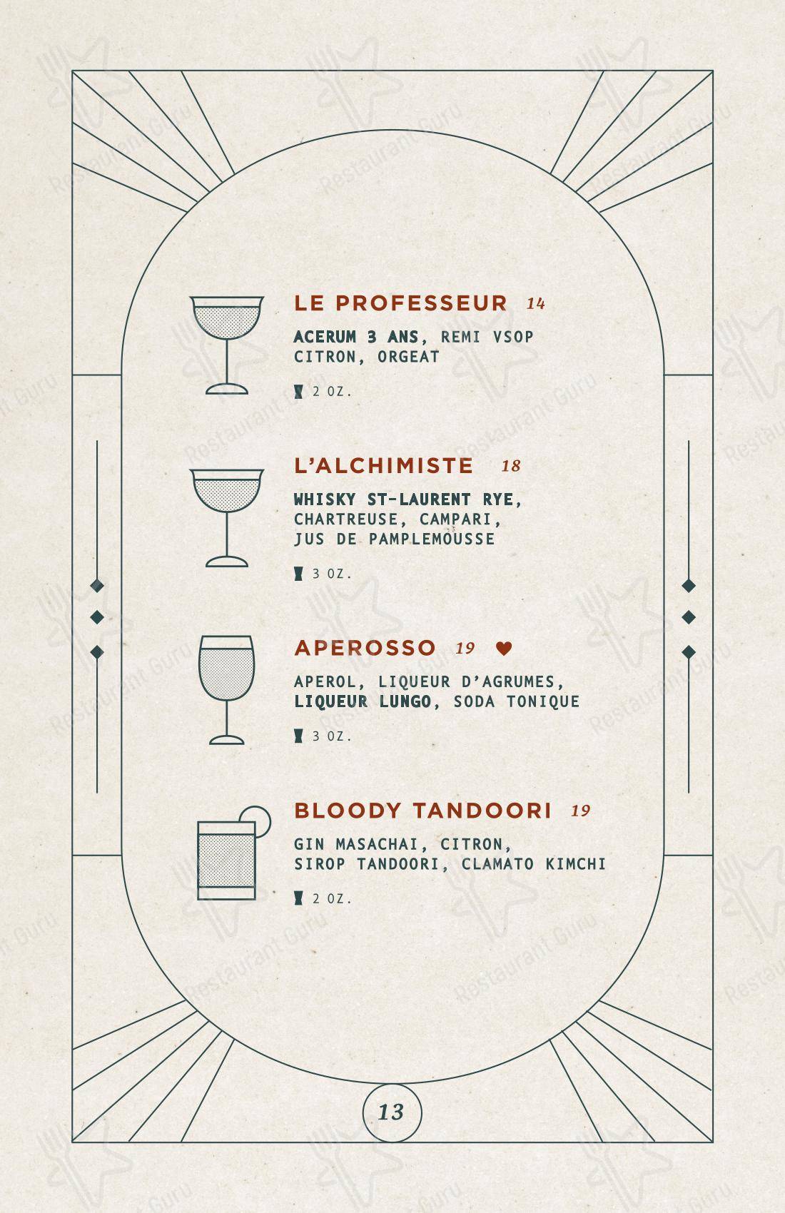 Menu au Restaurant Arsenal & Co., Québec
