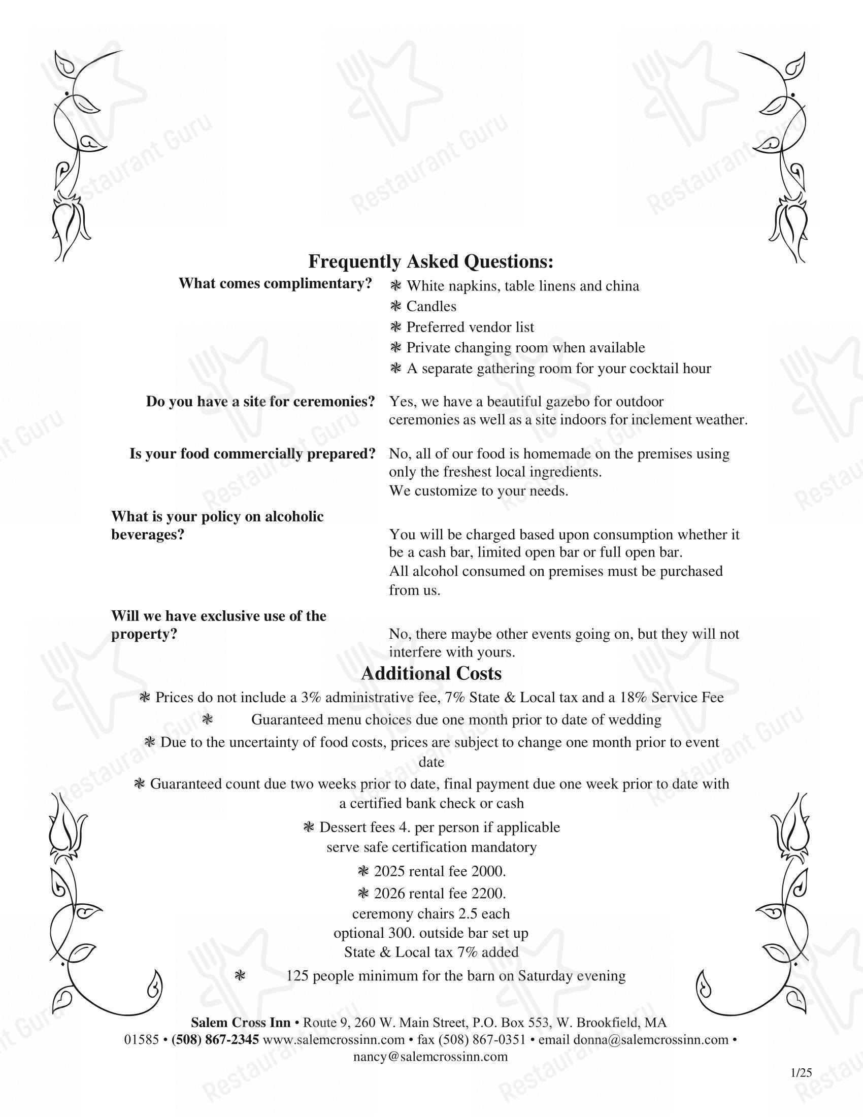 Menu at Salem Cross Inn restaurant, West Brookfield