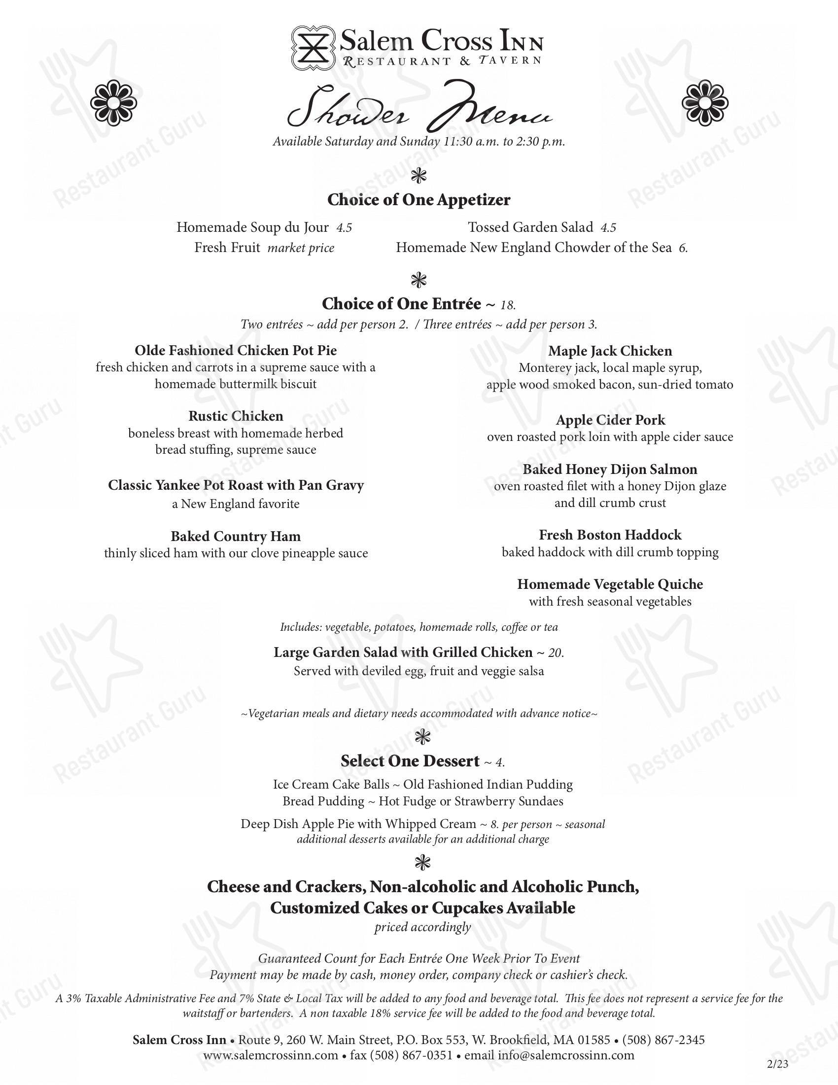 Menu at Salem Cross Inn restaurant, West Brookfield