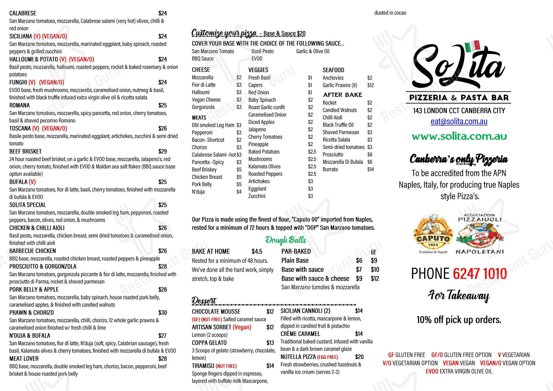 Menu at SoLita Pizzeria, Restaurant & Bar, Canberra