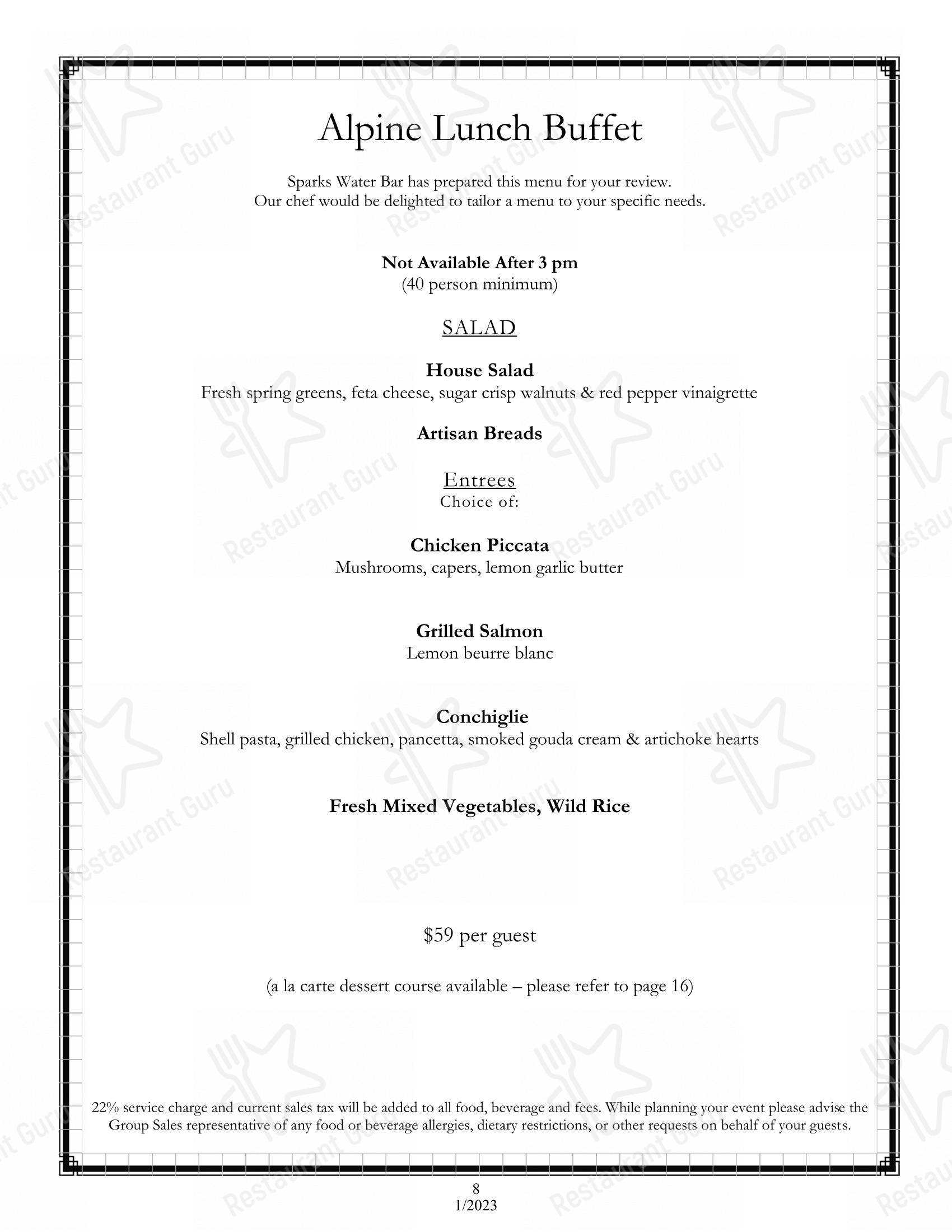 Menu at Sparks Water Bar, Sparks