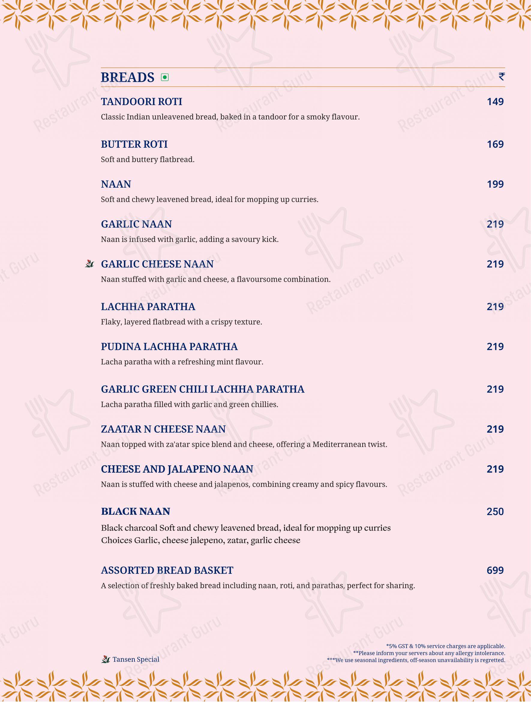 Menu at Tansen, Hyderabad, Sy No. 332 & 333