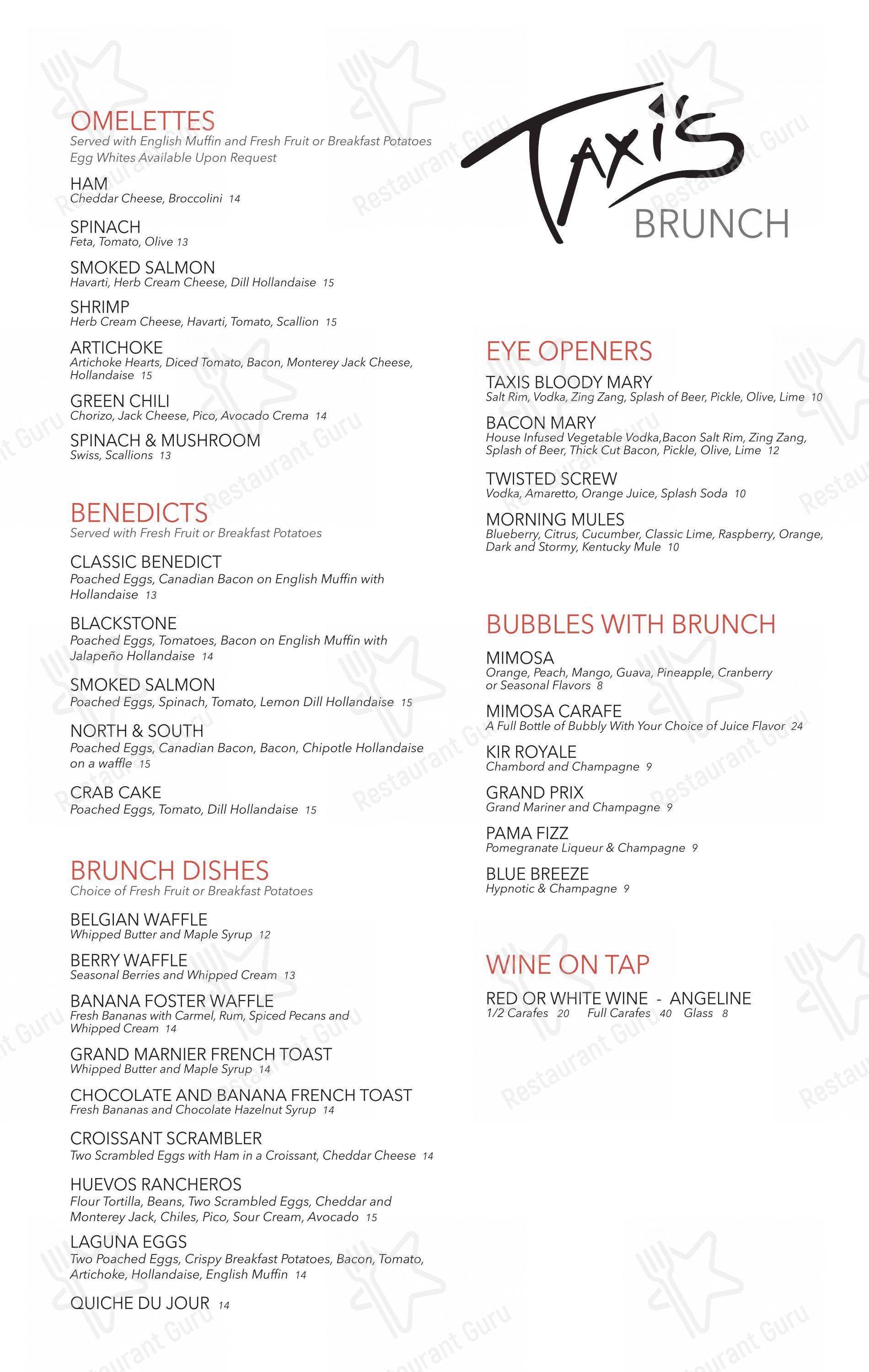 Menu at Taxi's Grille & Bar, Omaha