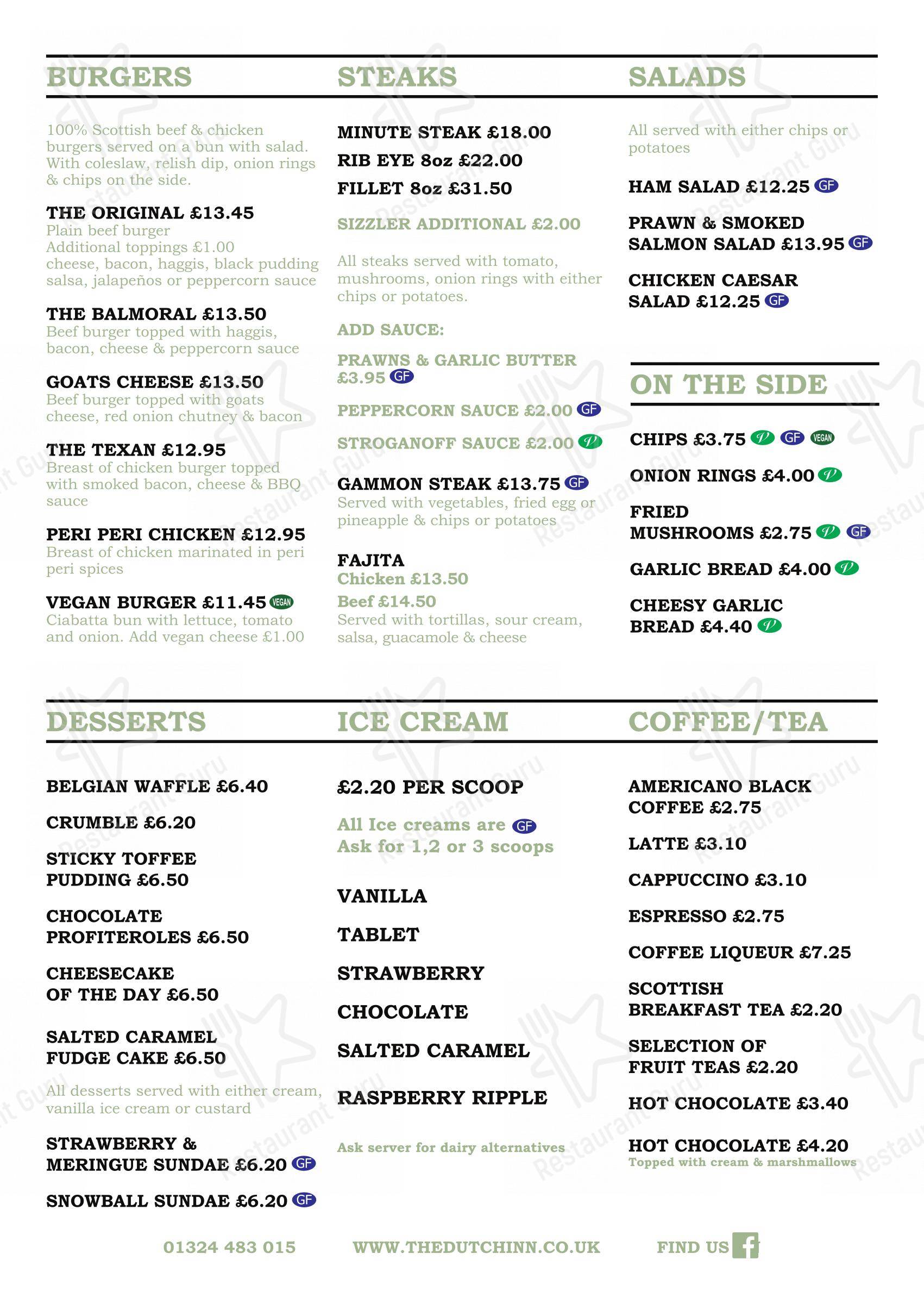 Menu at Dutch Inn restaurant, Falkirk