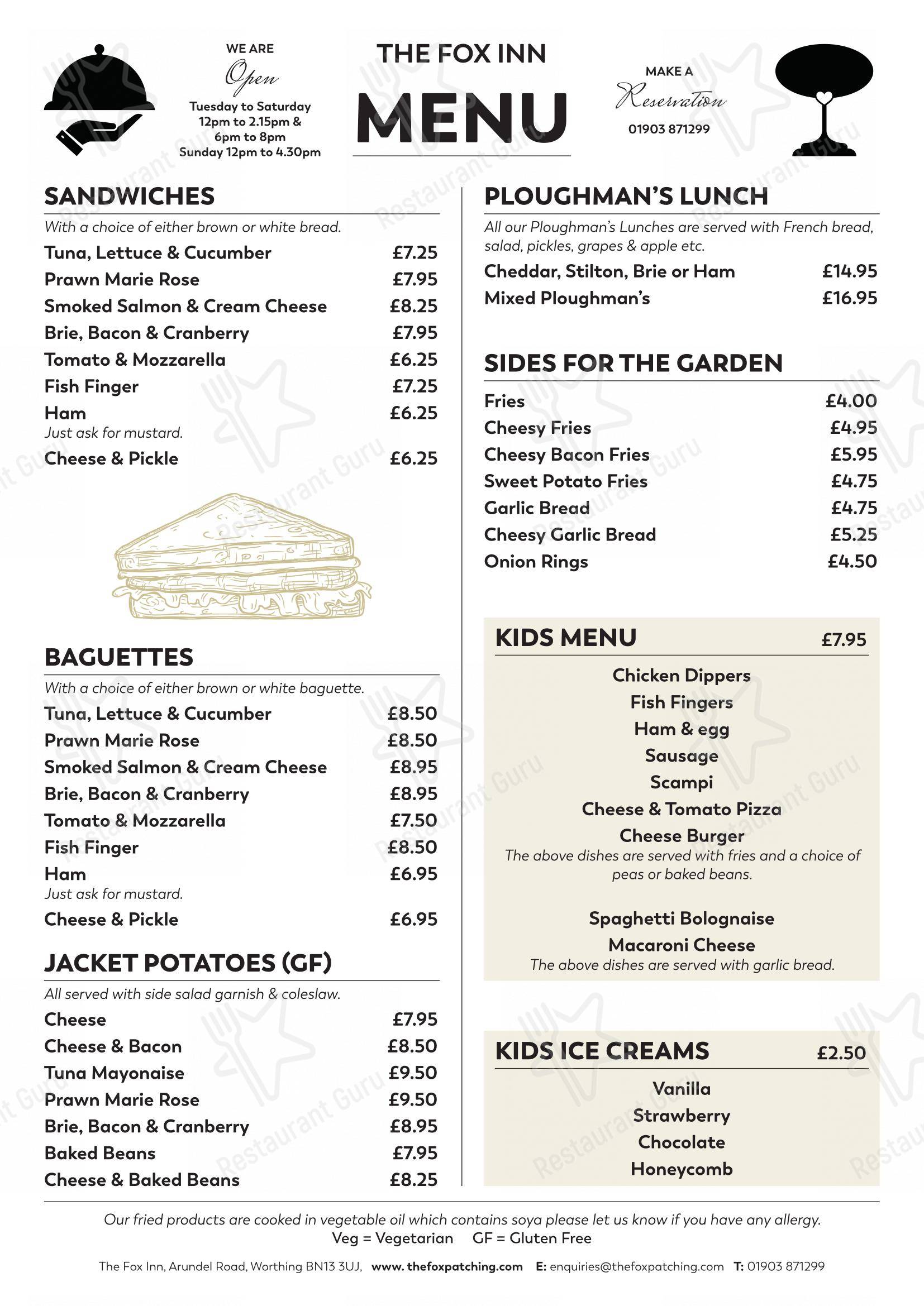 Menu at The Fox Inn, Patching pub & bar, Worthing