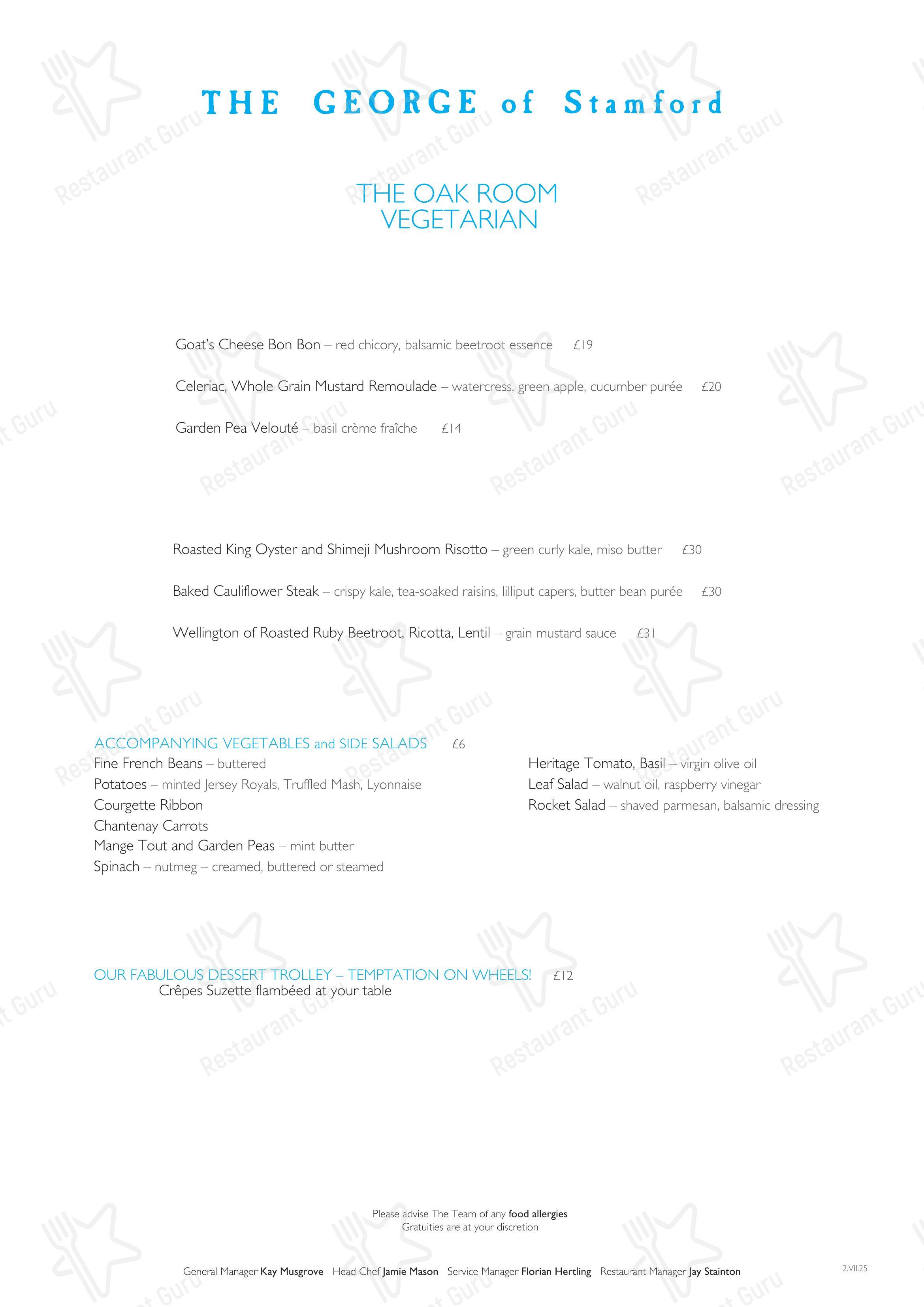 Menu at The George Hotel of Stamford restaurant, Stamford