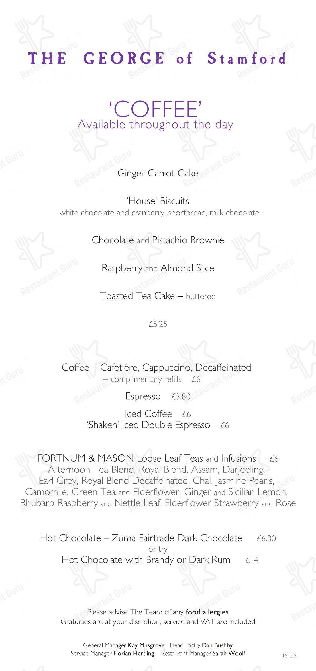 Menu at The George Hotel of Stamford restaurant, Stamford