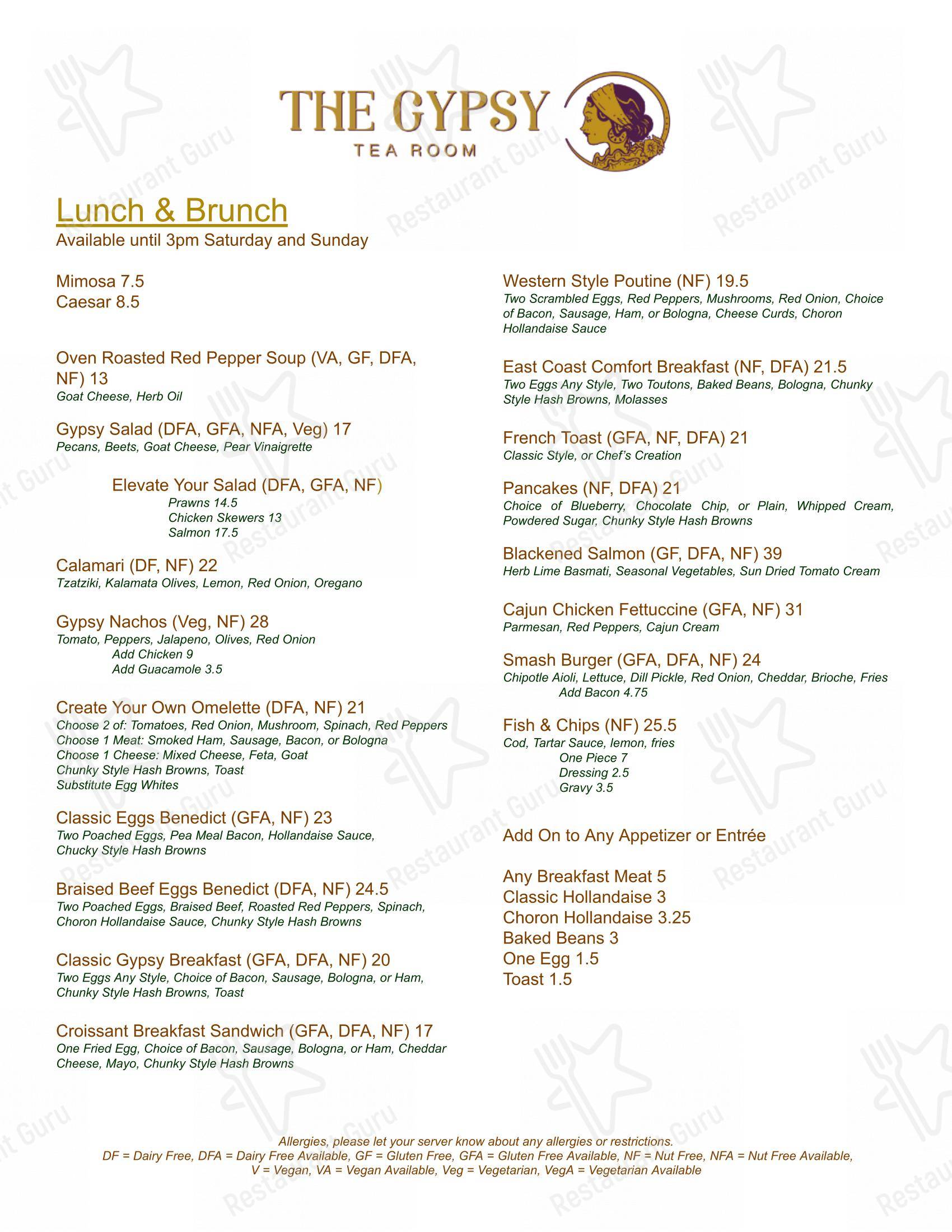 Menu at The Gypsy Tea Room restaurant, St. John's