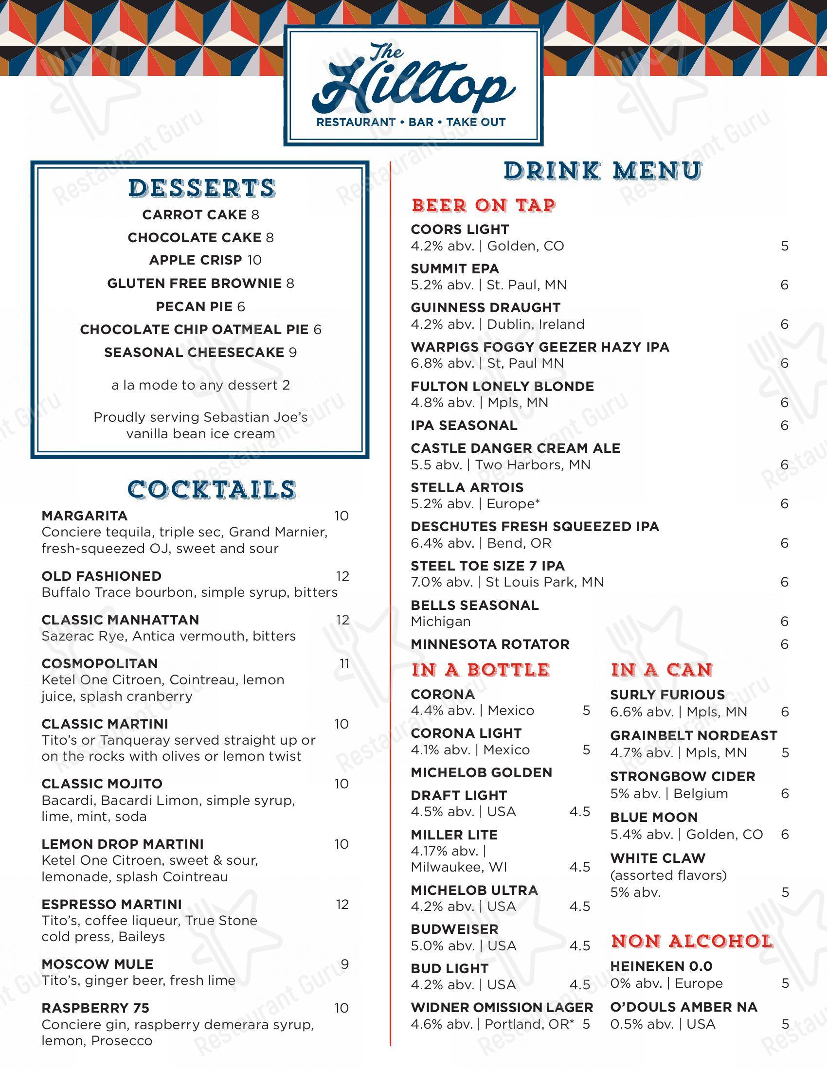 Menu at The Hilltop pub & bar, Edina, Arcadia Ave