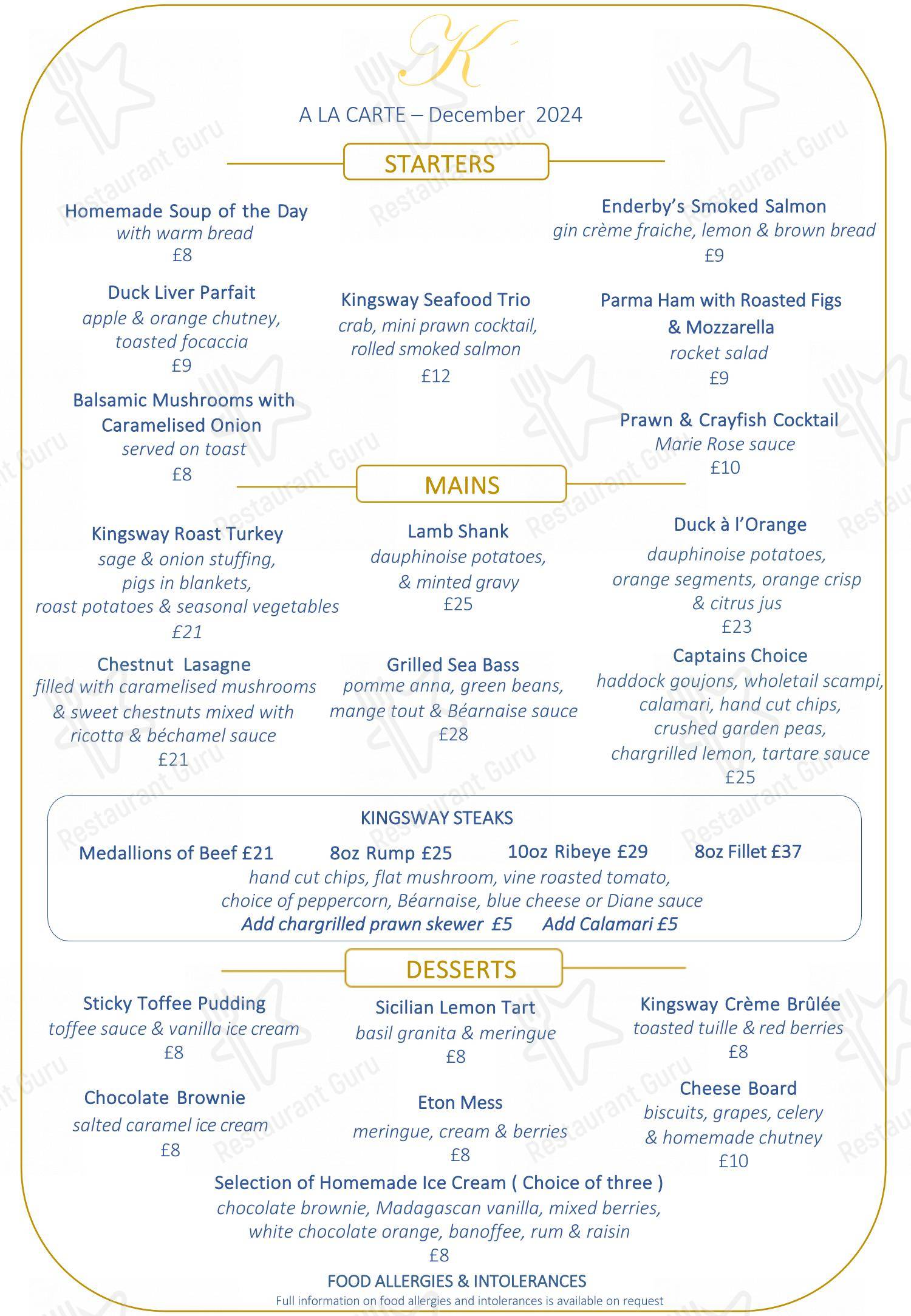 Menu at The Kingsway Hotel restaurant, Cleethorpes