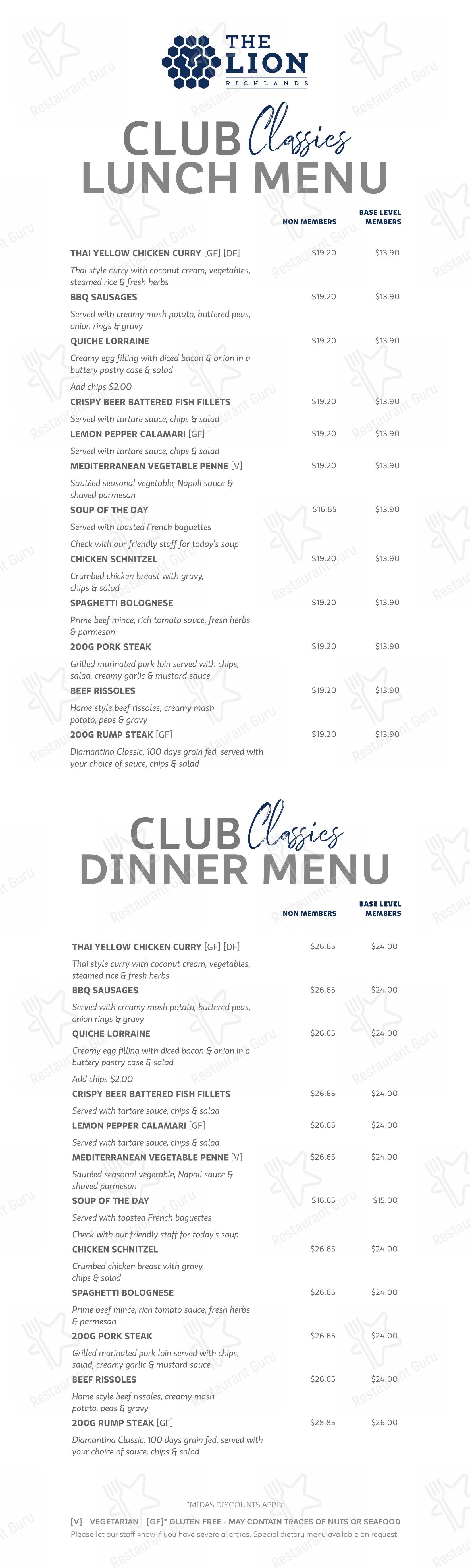 Menu at The Lion Richlands restaurant, Richlands, 133 Pine Rd