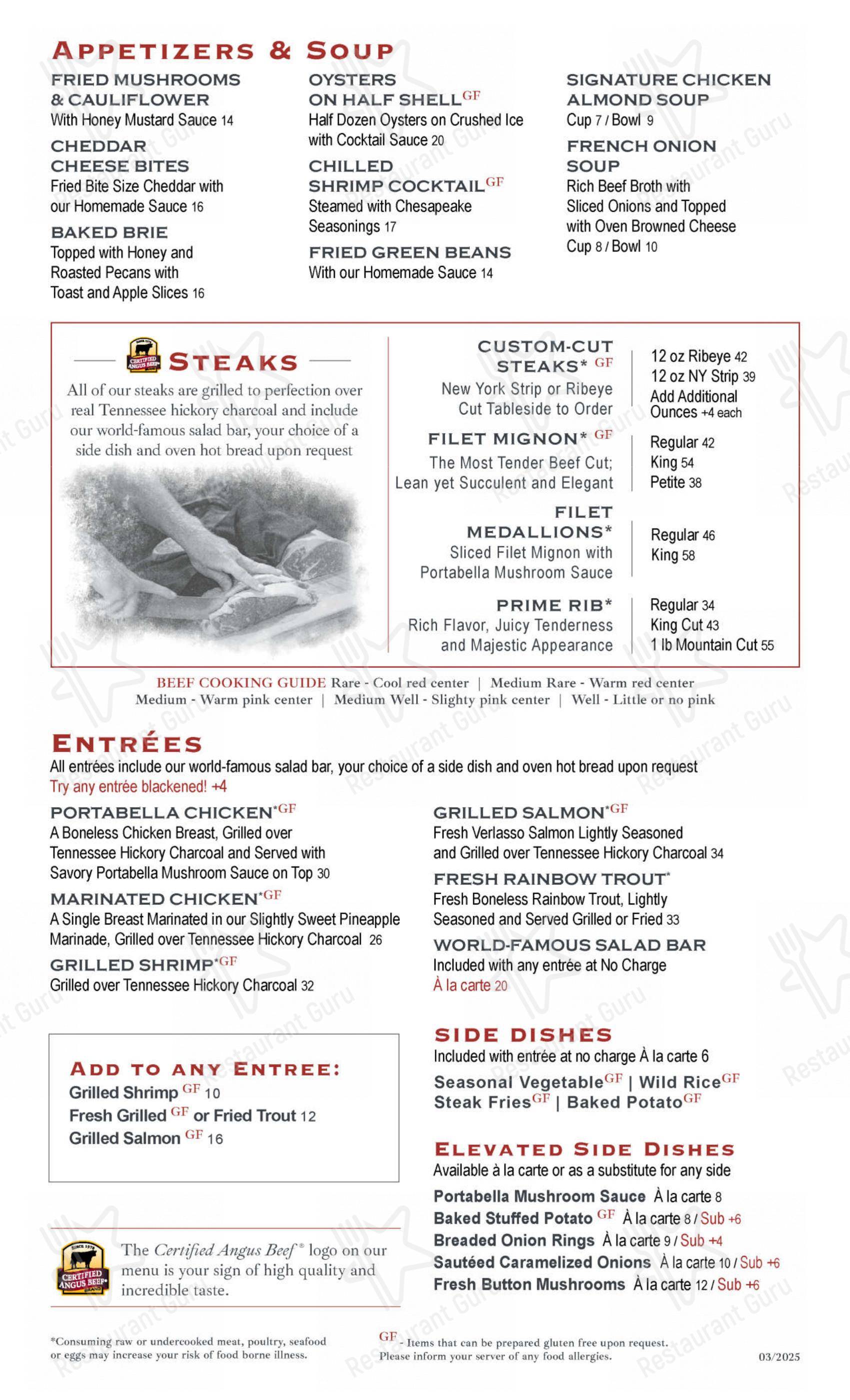 Menu at The Peddler Steakhouse, Gatlinburg