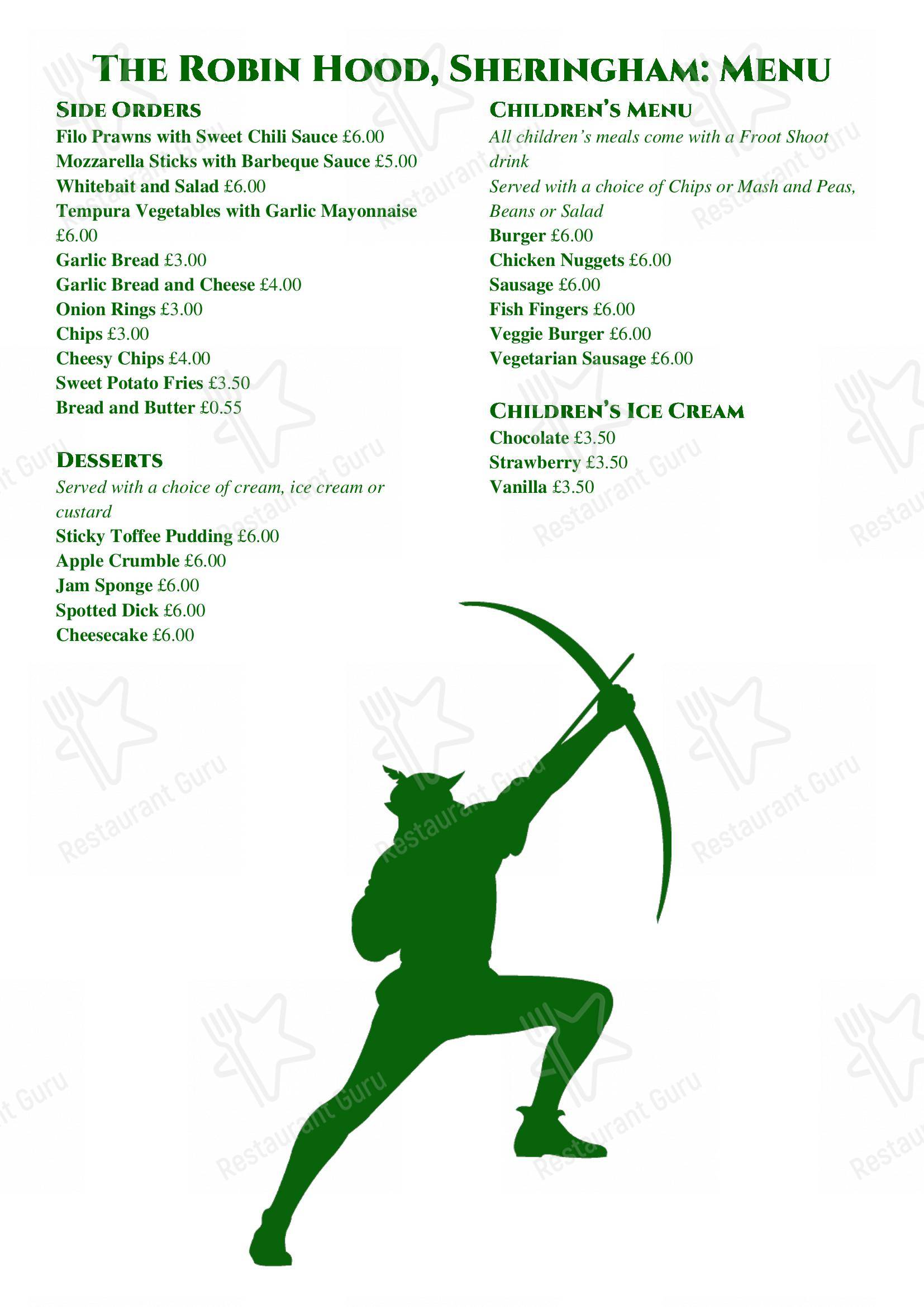Menu at The Robin Hood restaurant, Sheringham
