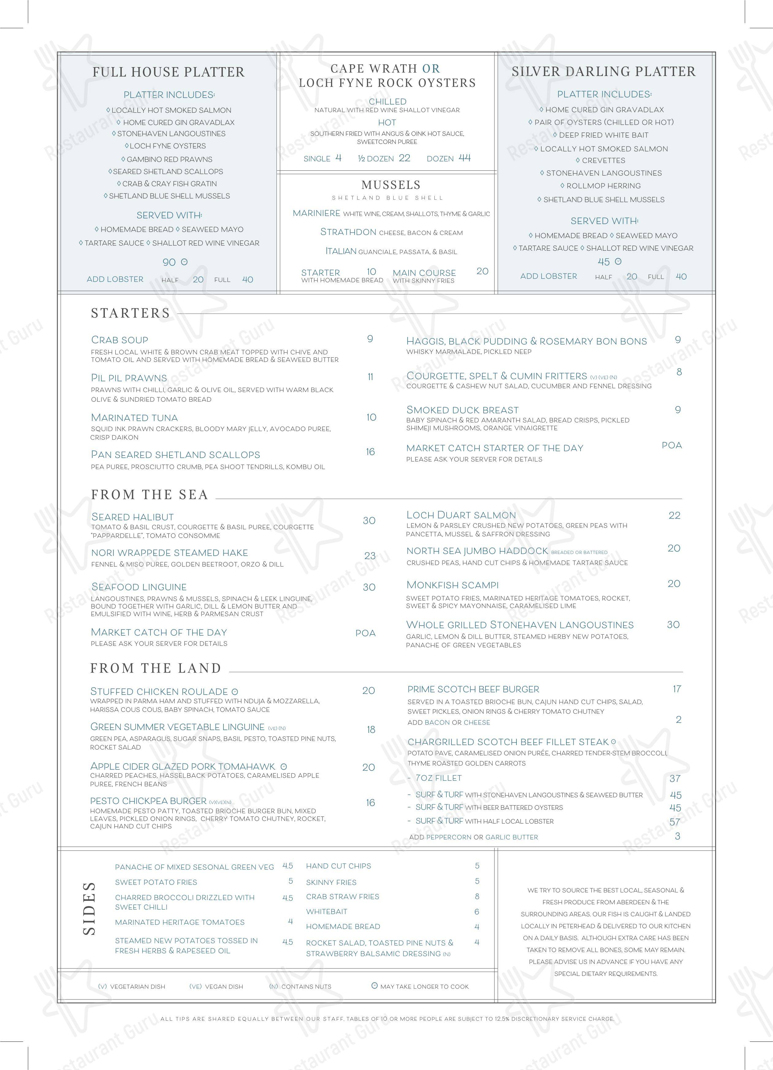 Menu at The Silver Darling restaurant, Aberdeen