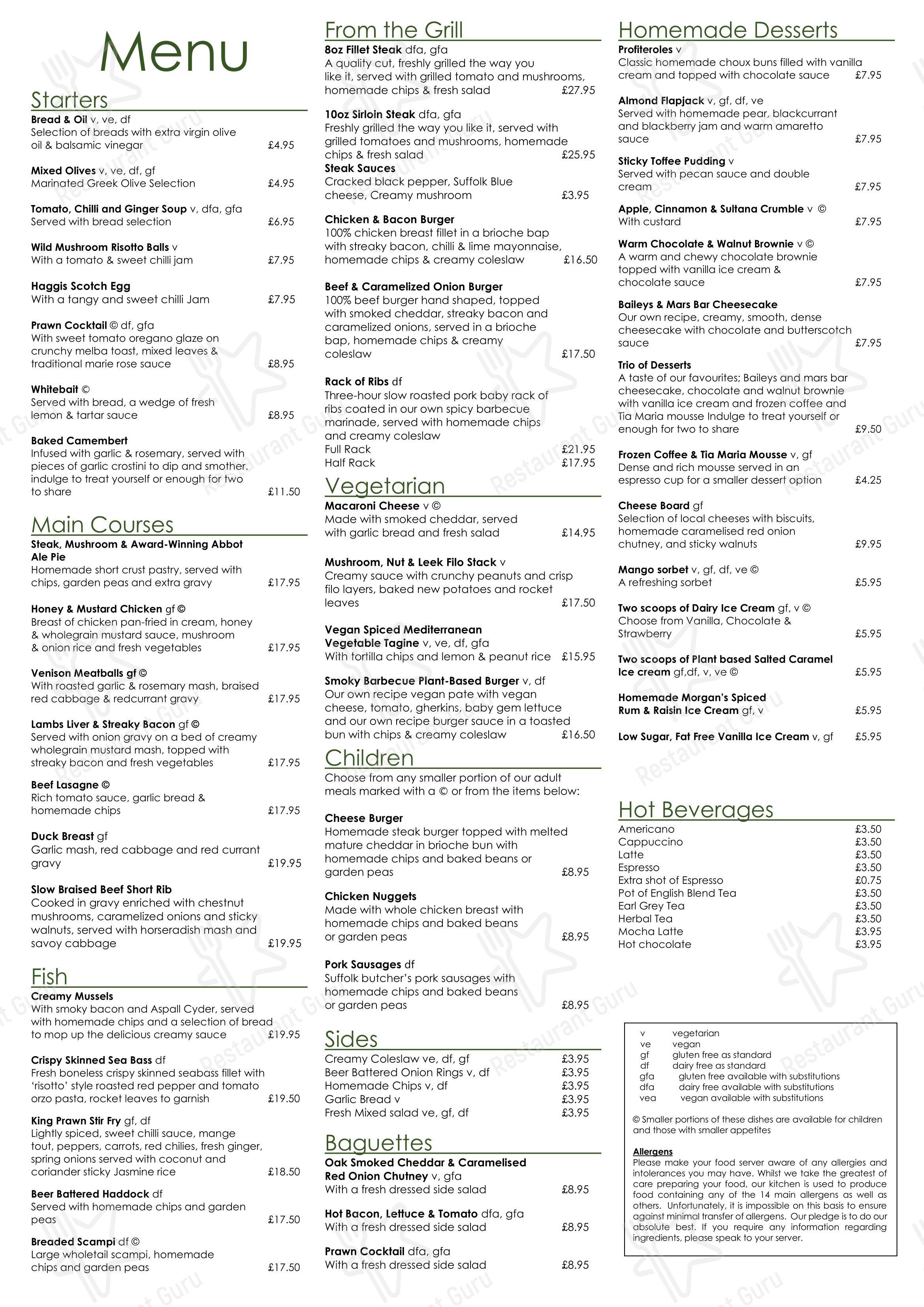 Menu at The White Horse Inn restaurant, Eye