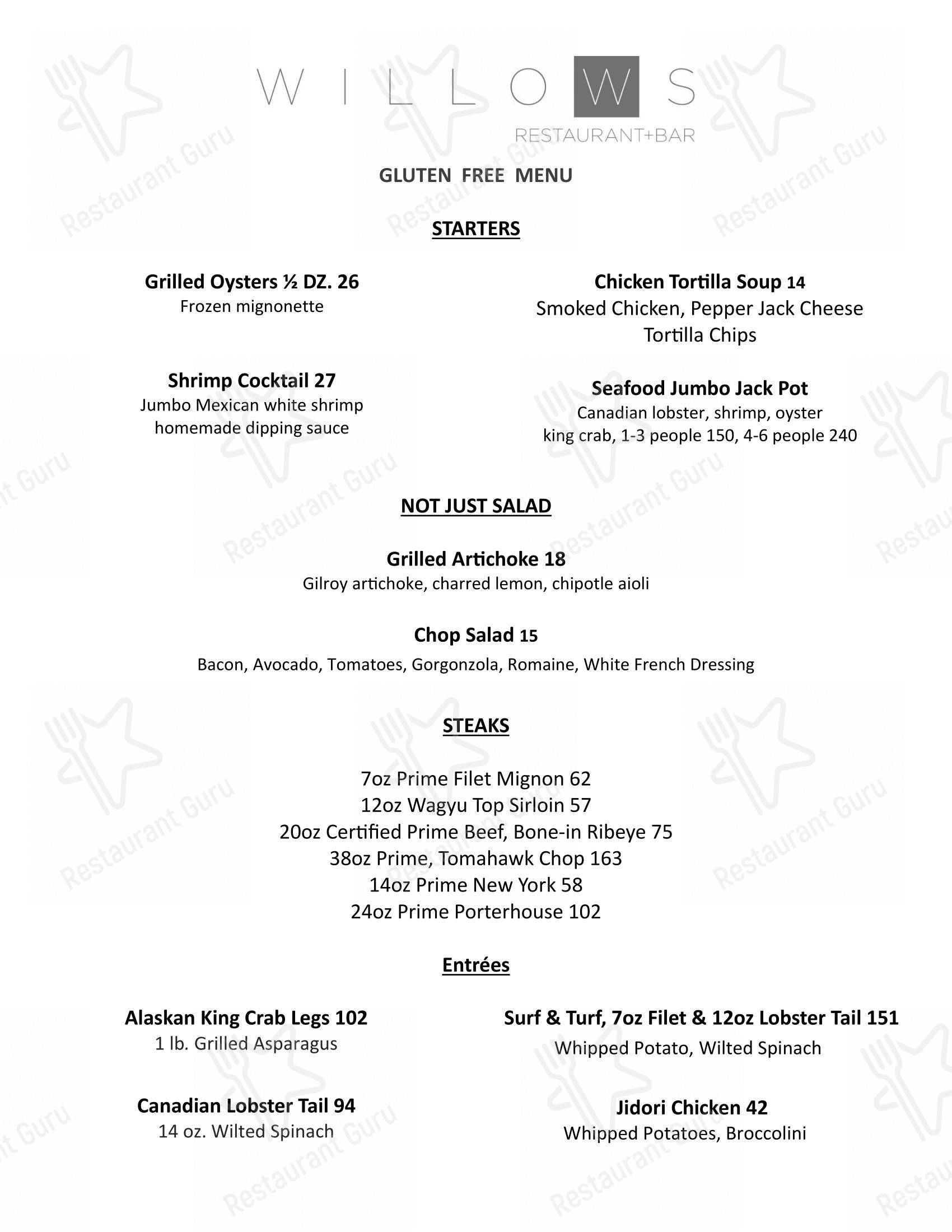 Menu at The Willows pub & bar, Santa Ynez