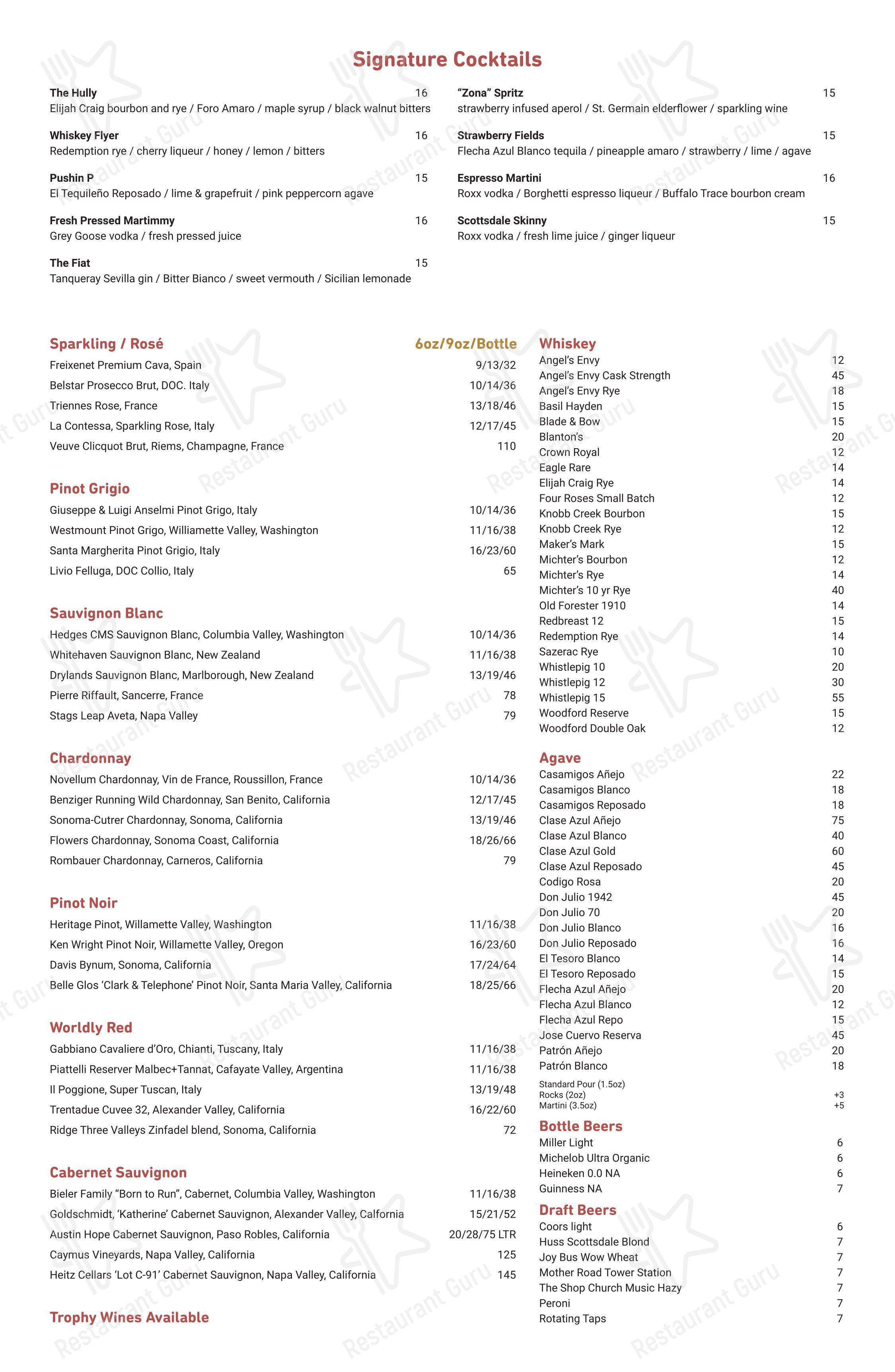 Menu at Thompson 105 restaurant, Scottsdale