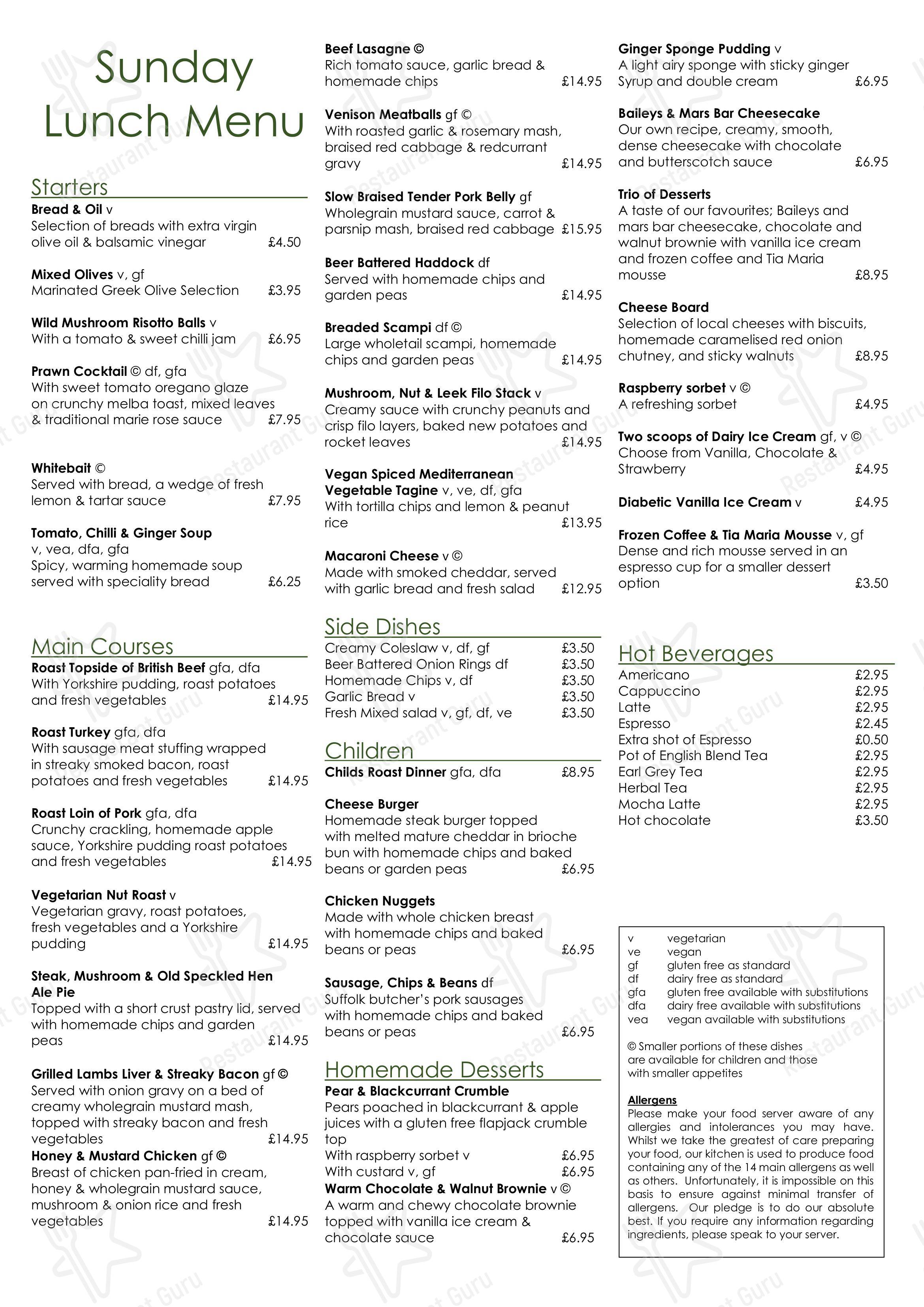 Menu at The White Horse Inn restaurant, Eye