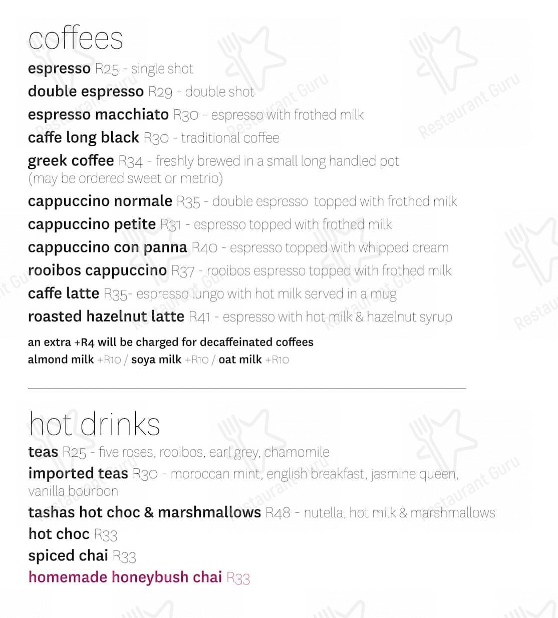 Menu at tashas Gateway restaurant, Umhlanga, Shop G12