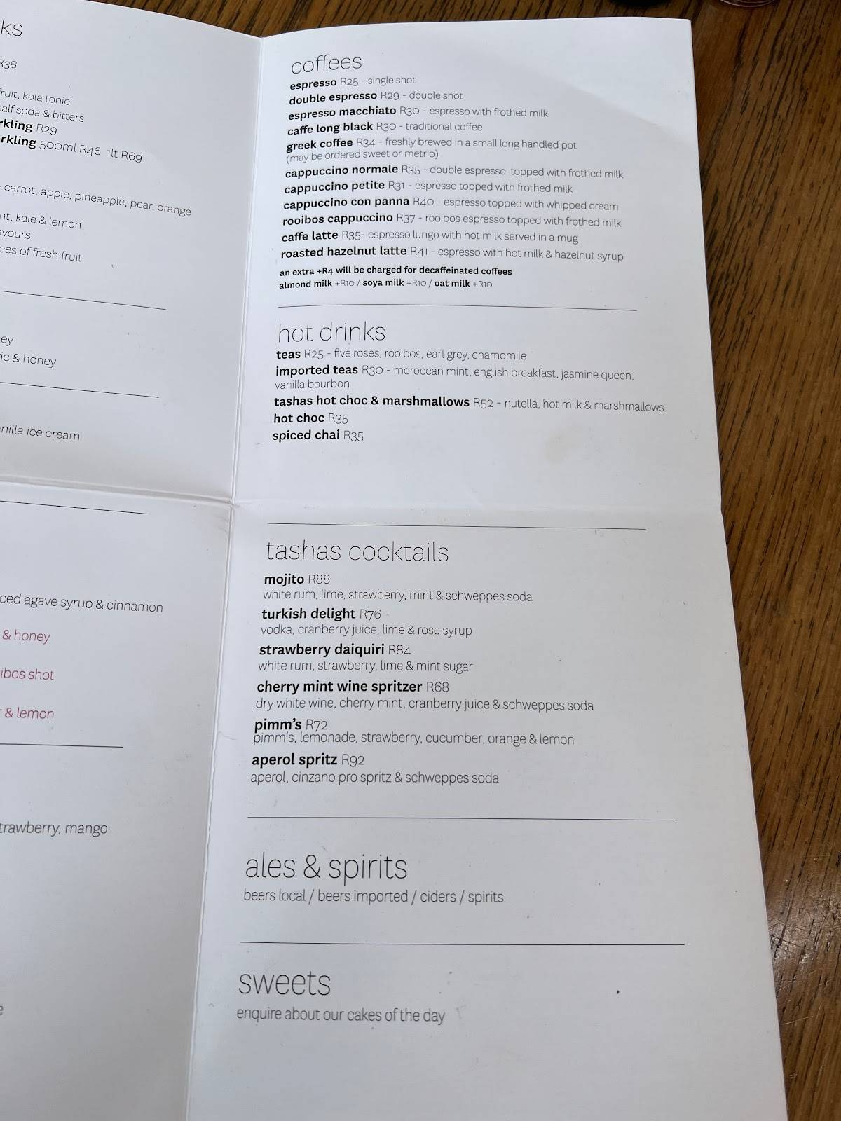 Menu at tashas Gateway restaurant, Umhlanga, Shop G12