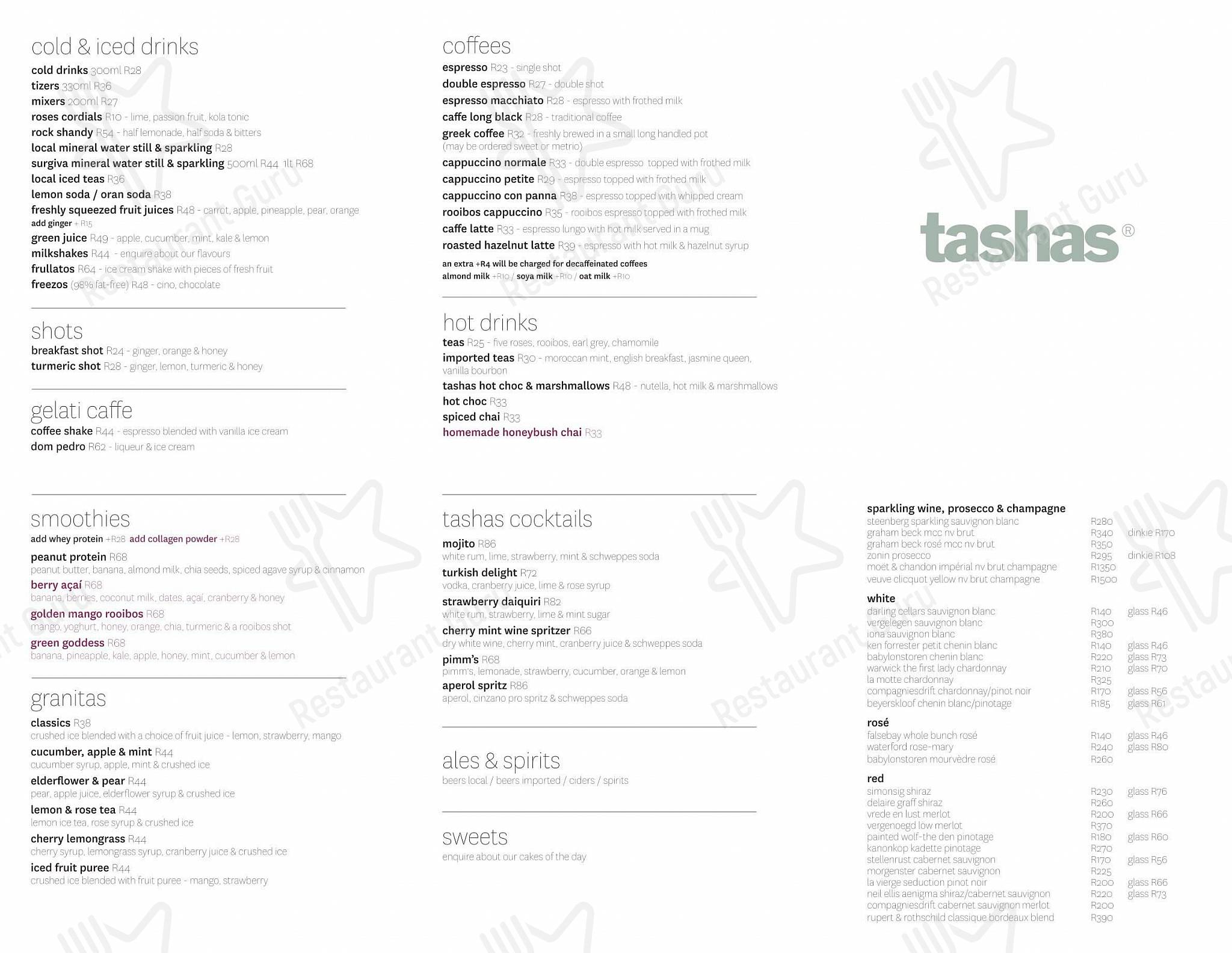 Menu at tashas Waterfront restaurant, Cape Town, Shop 7117
