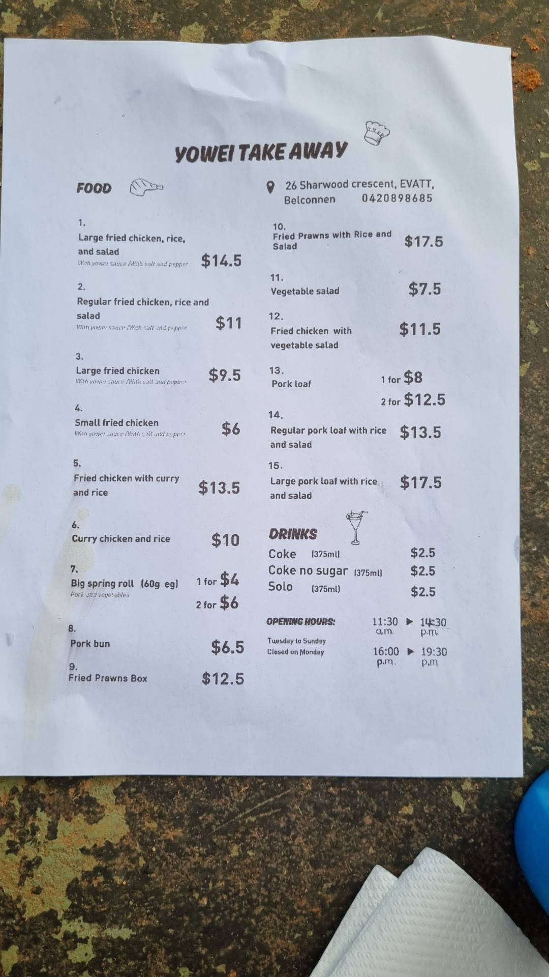 Menu at yowei restaurant, Evatt
