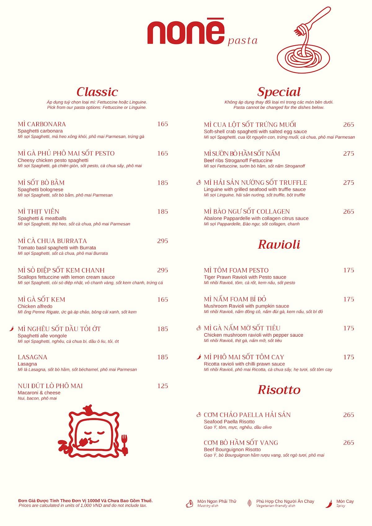Menu at nonê pasta restaurant, Ho Chi Minh City, 48 Đường Nguyễn Văn Mai