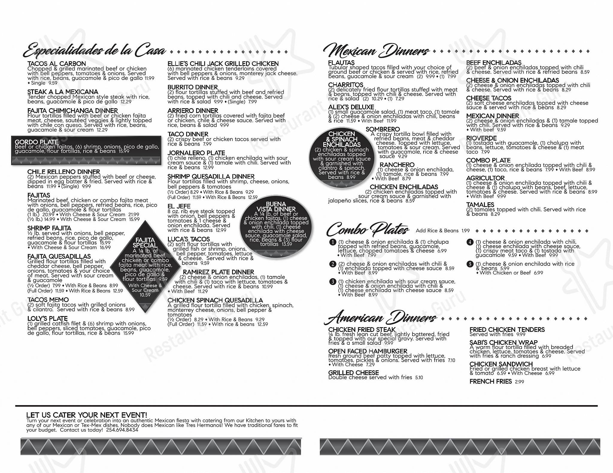Menu at Tres Hermanos restaurant, Whitney