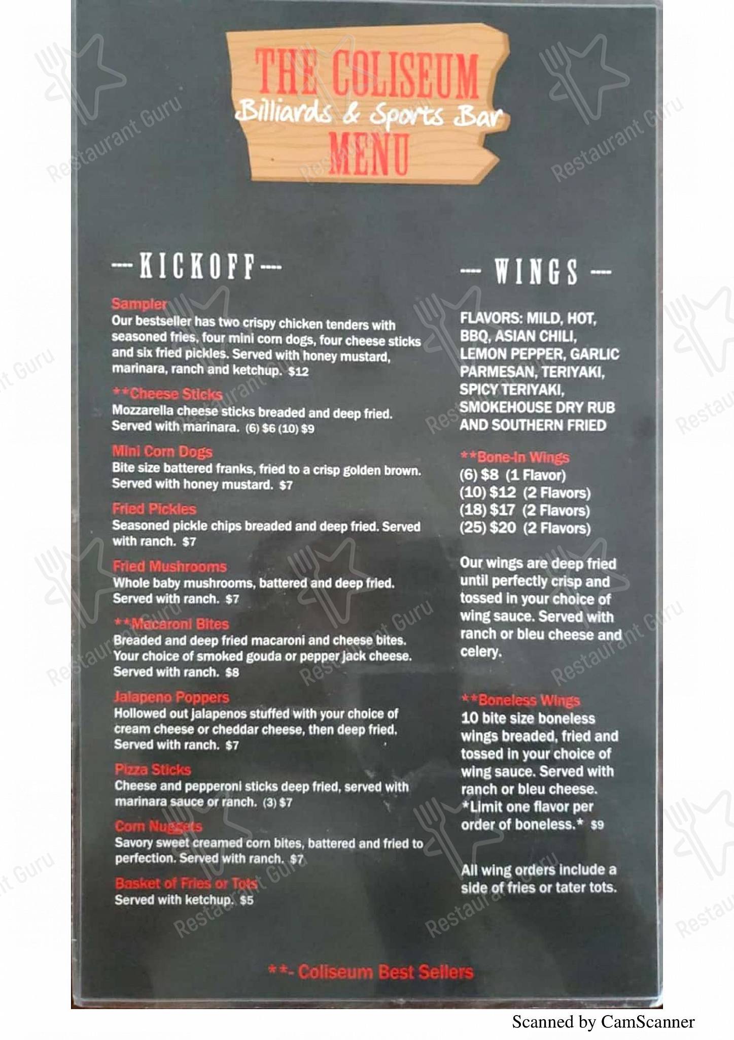 Menu at The Coliseum Billiards and Sports Bar, Greenville