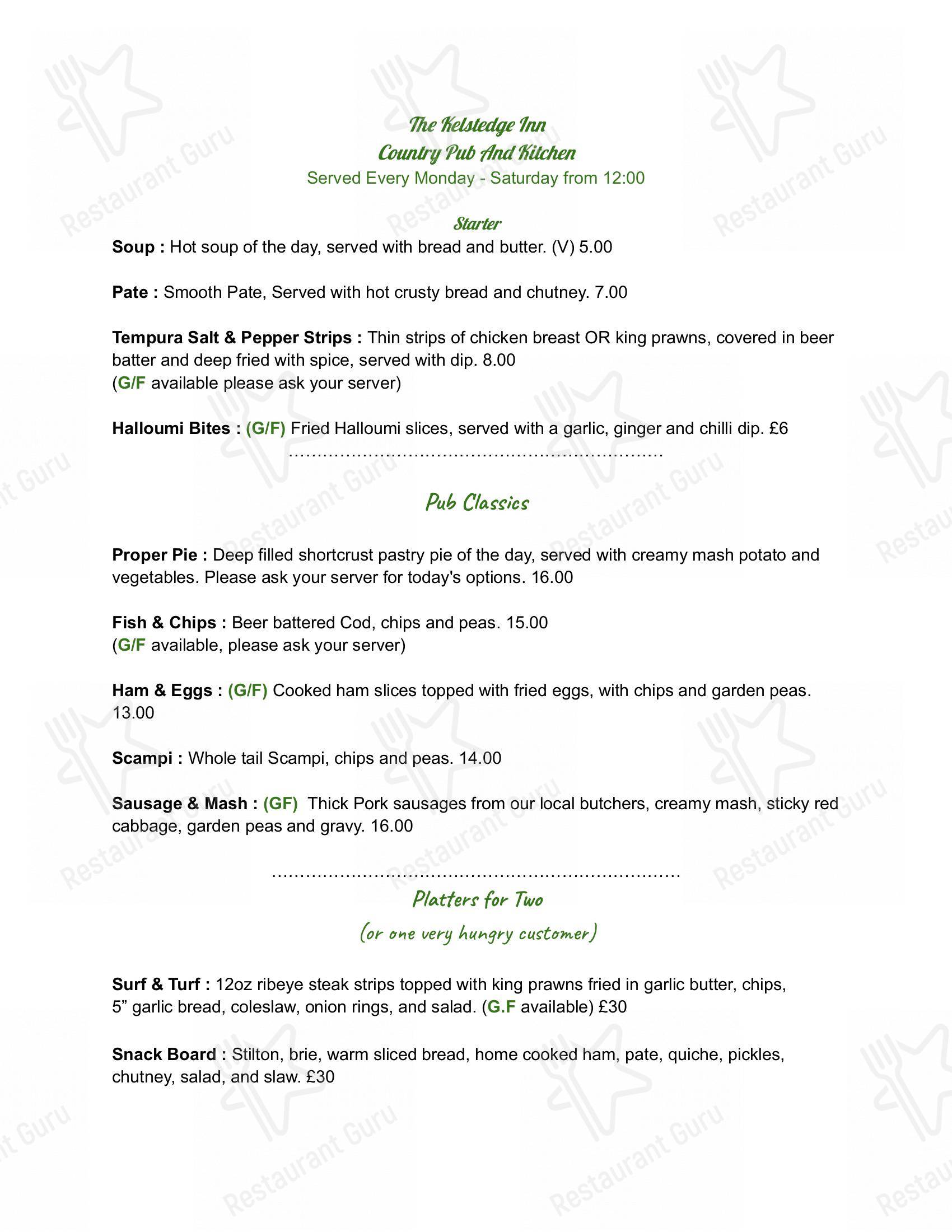 Menu at The Kelstedge pub & bar, Ashover, Matlock Rd