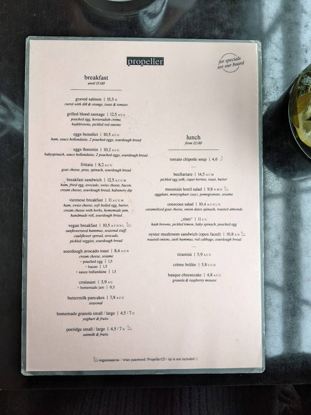 Menu at propeller pub & bar, Vienna