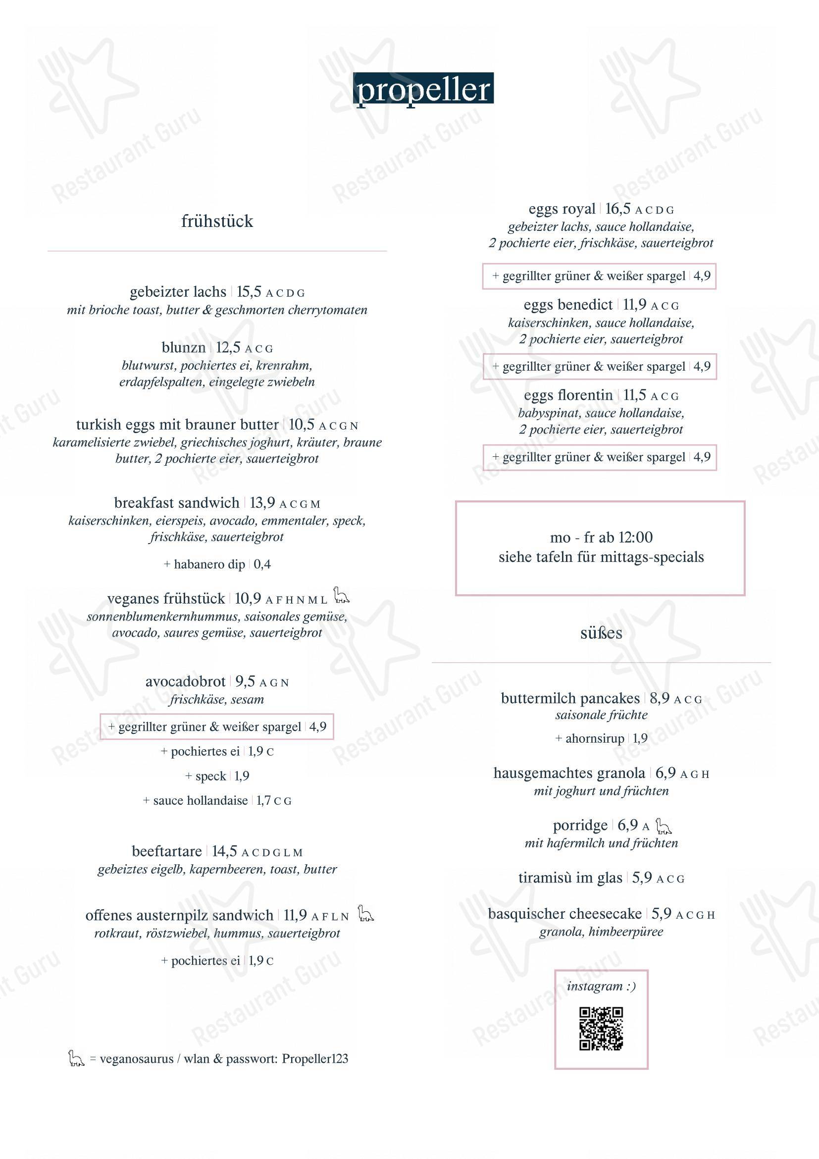 Speisekarte von Cafe Propeller, Wien