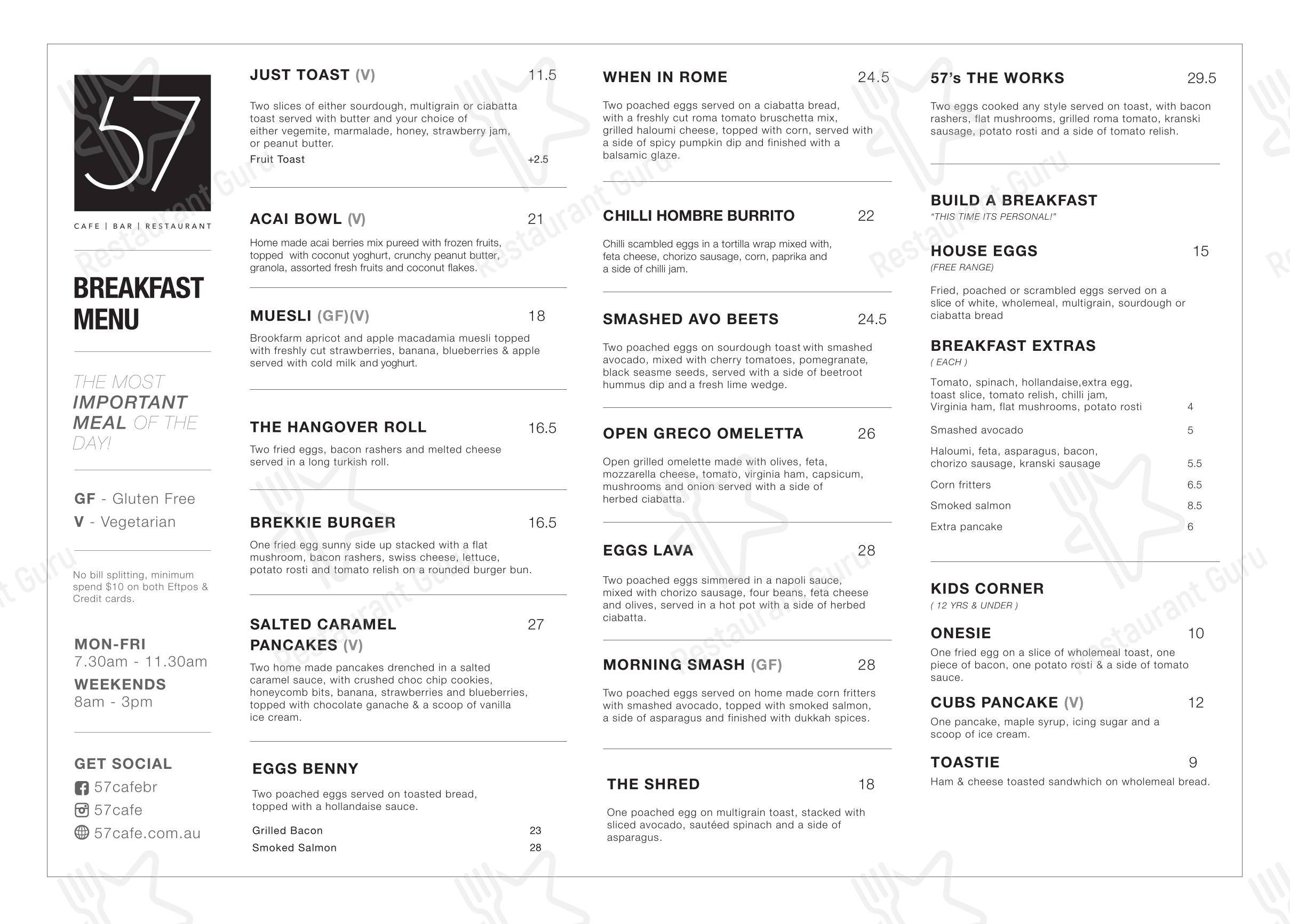 Menu at 57 Cafe Bar Restaurant, Mount Waverley, Pinewood Shopping Centre 57