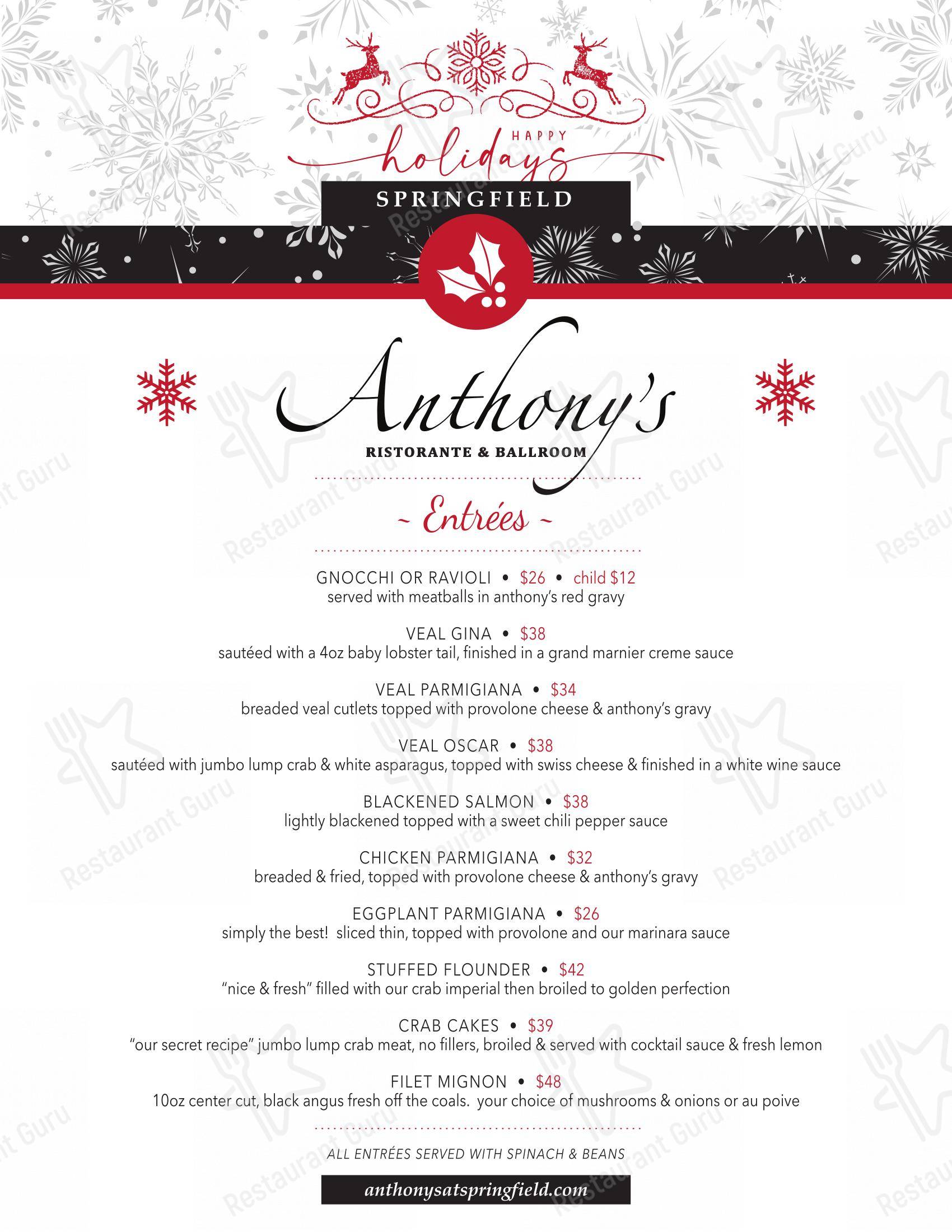 Menu at Anthony's restaurant, Springfield