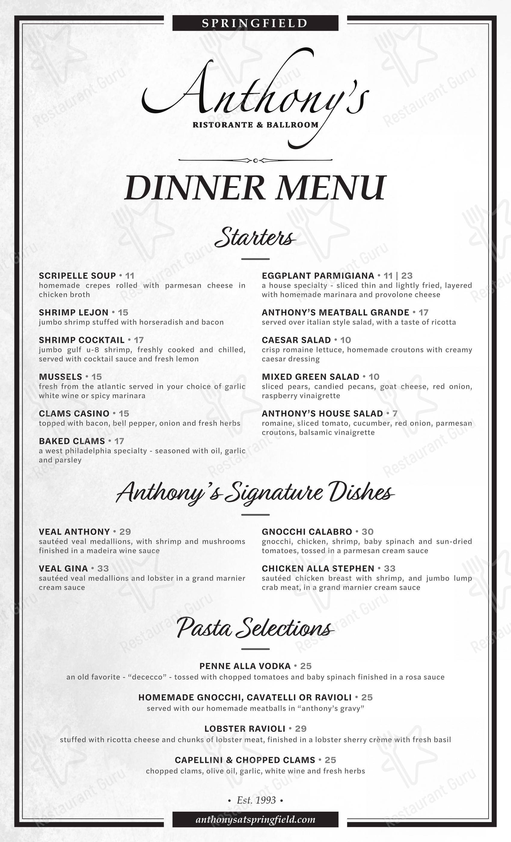 Menu at Anthony's restaurant, Springfield