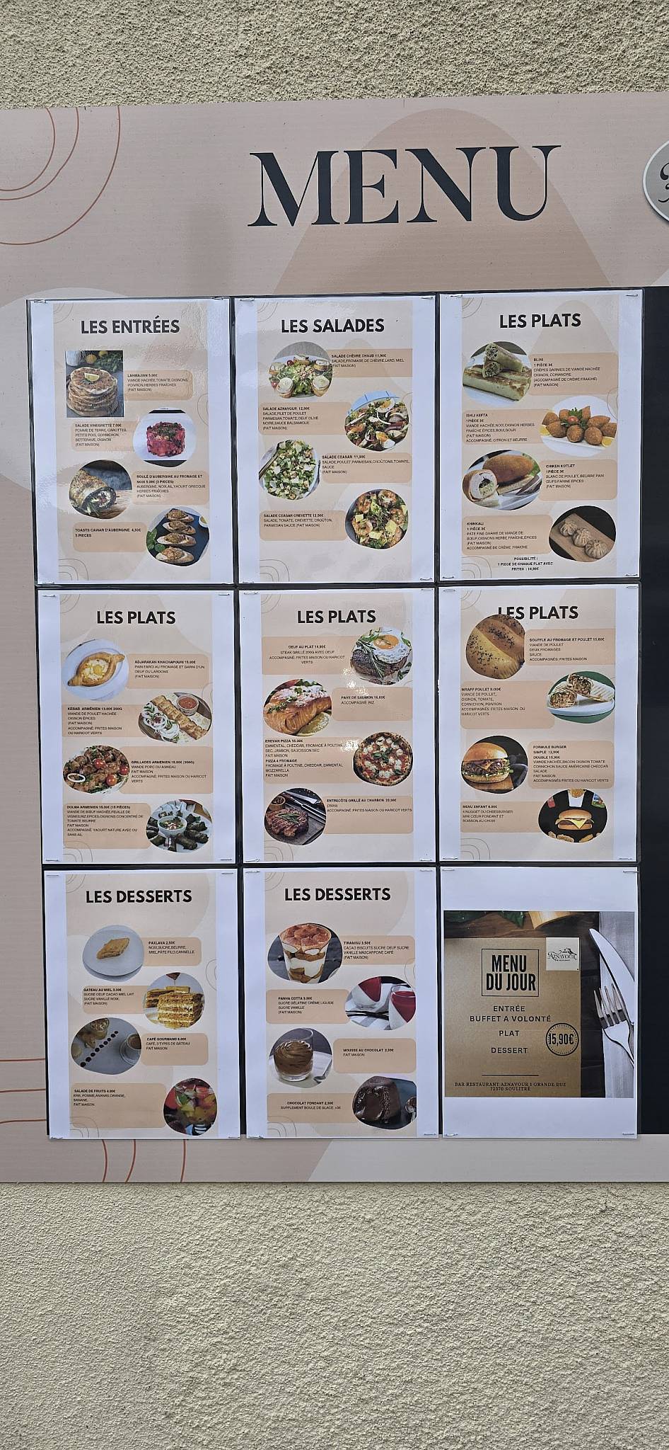 Menu au restaurant Aznavour, Soulitré
