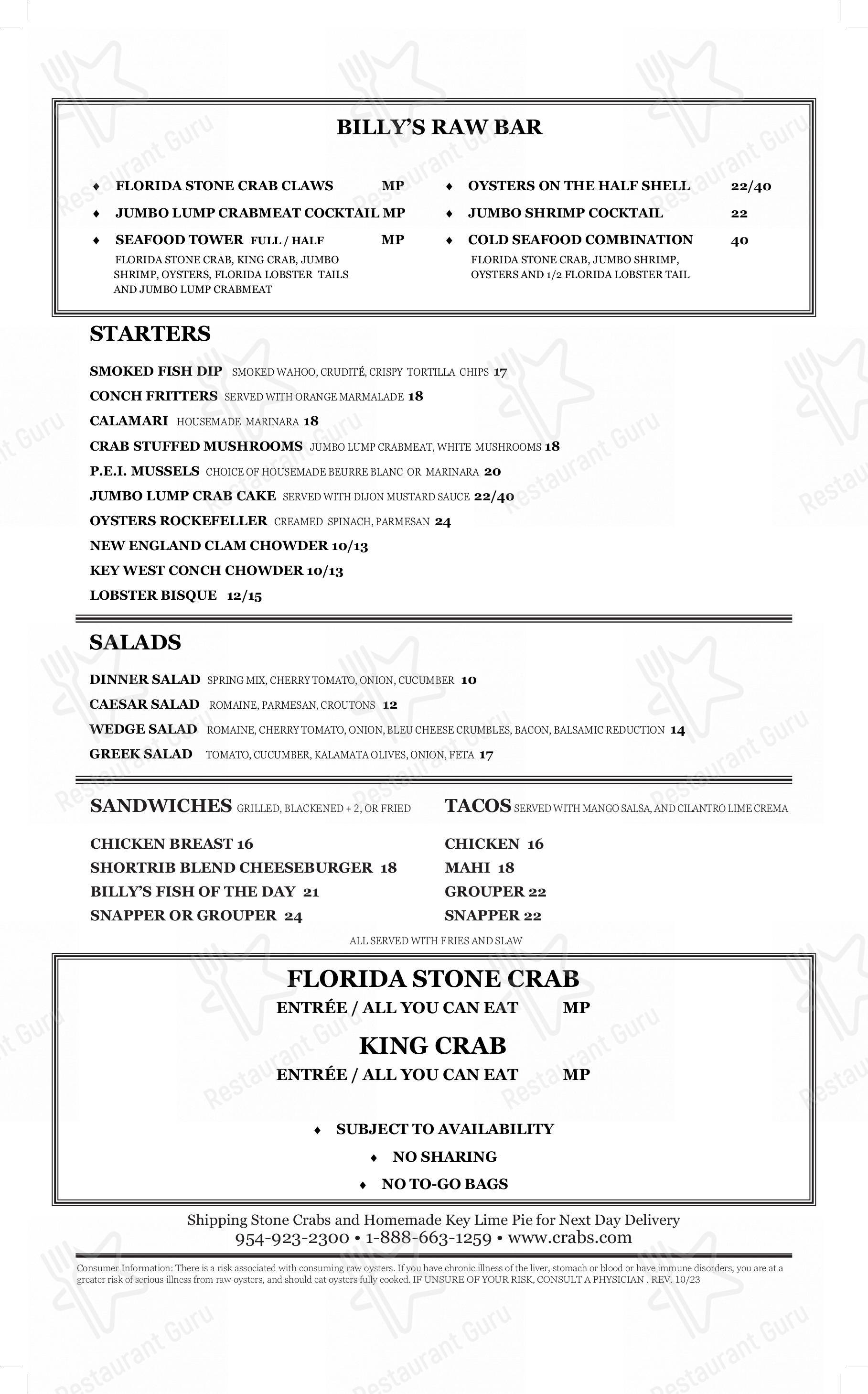 Menu at Billy's Stone Crab Restaurant, Hollywood