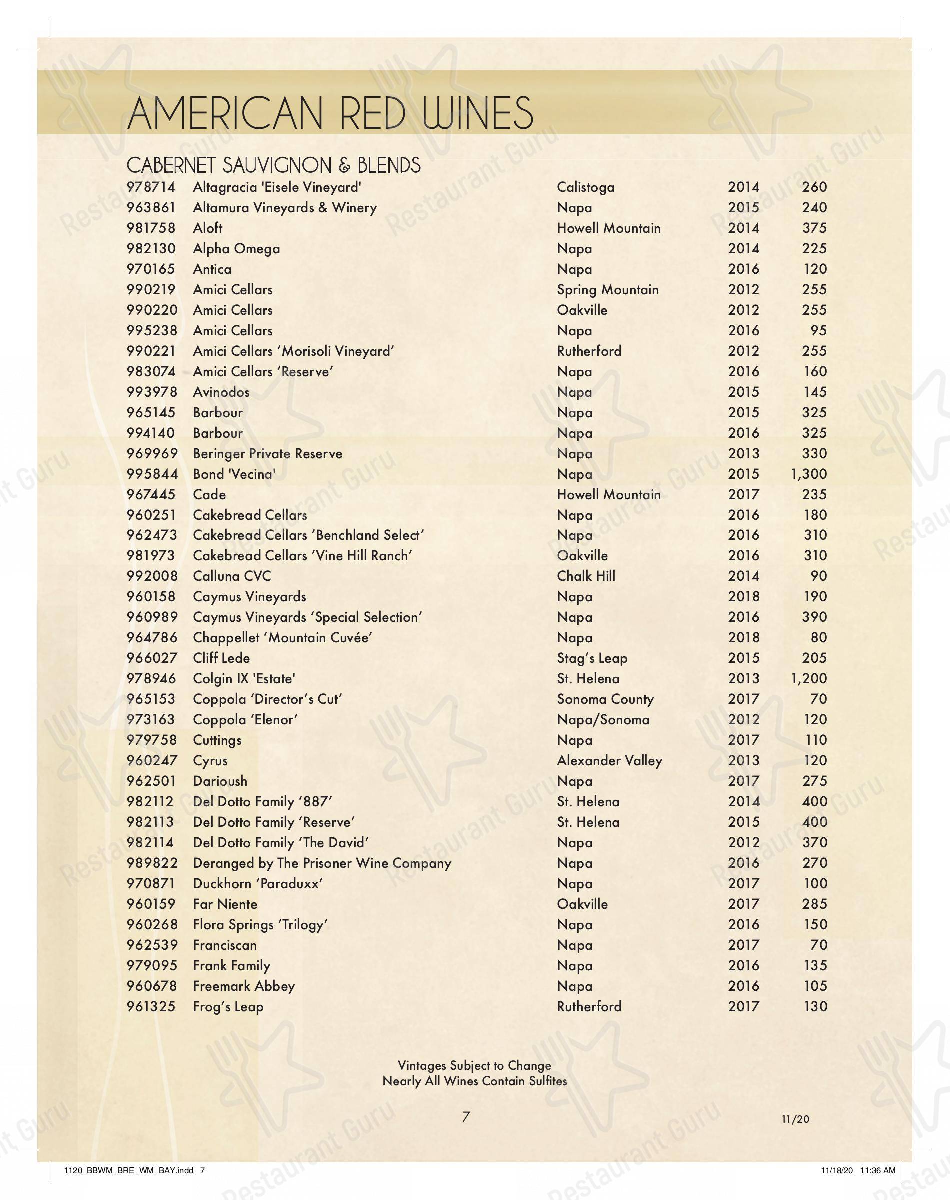 Menu at Brenner's Steakhouse, San Antonio