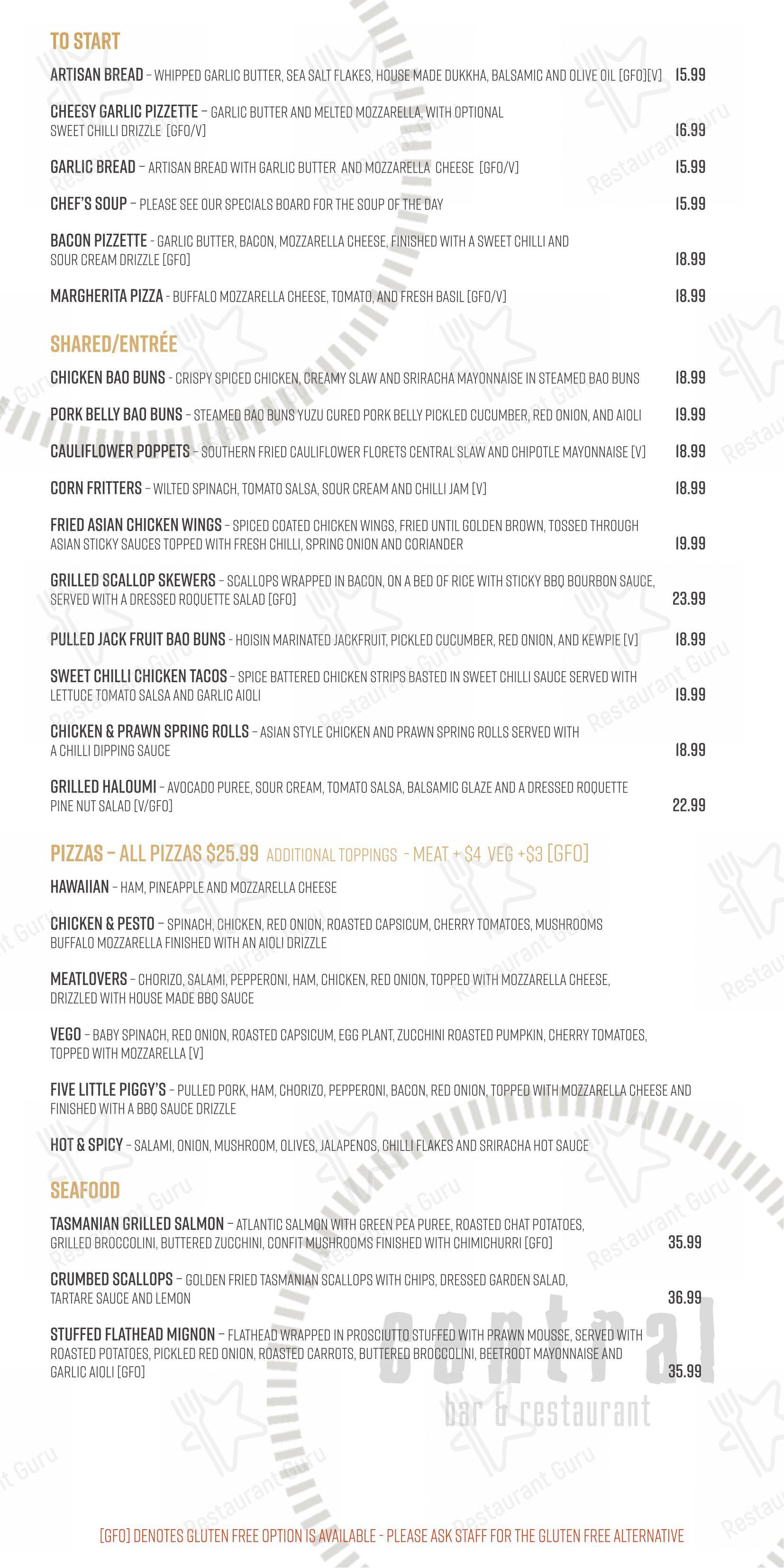 Menu at Central Bar & Restaurant, Devonport