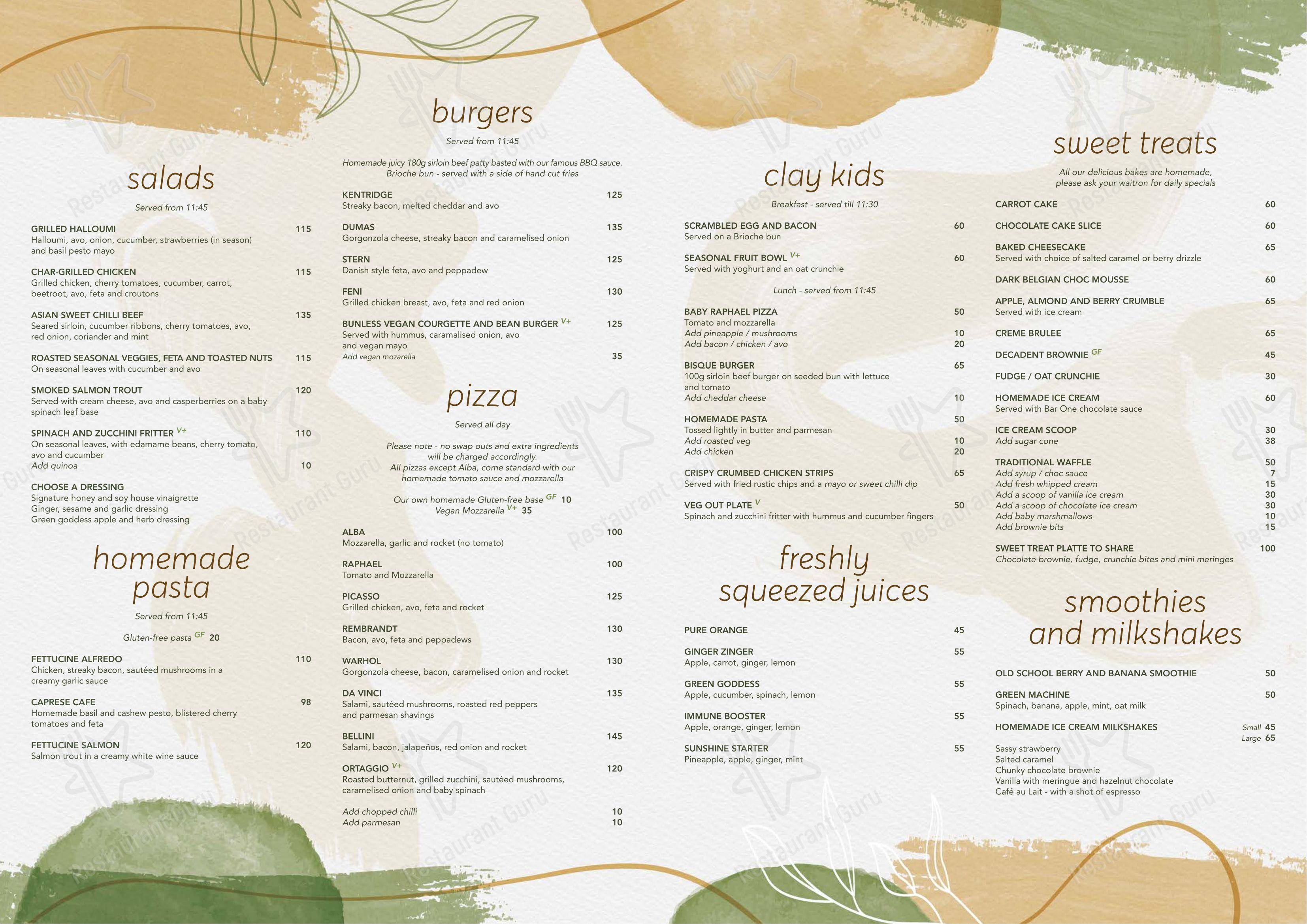 Menu at Clay Cafe Hout Bay Child-friendly Restaurant & Ceramic Painting ...