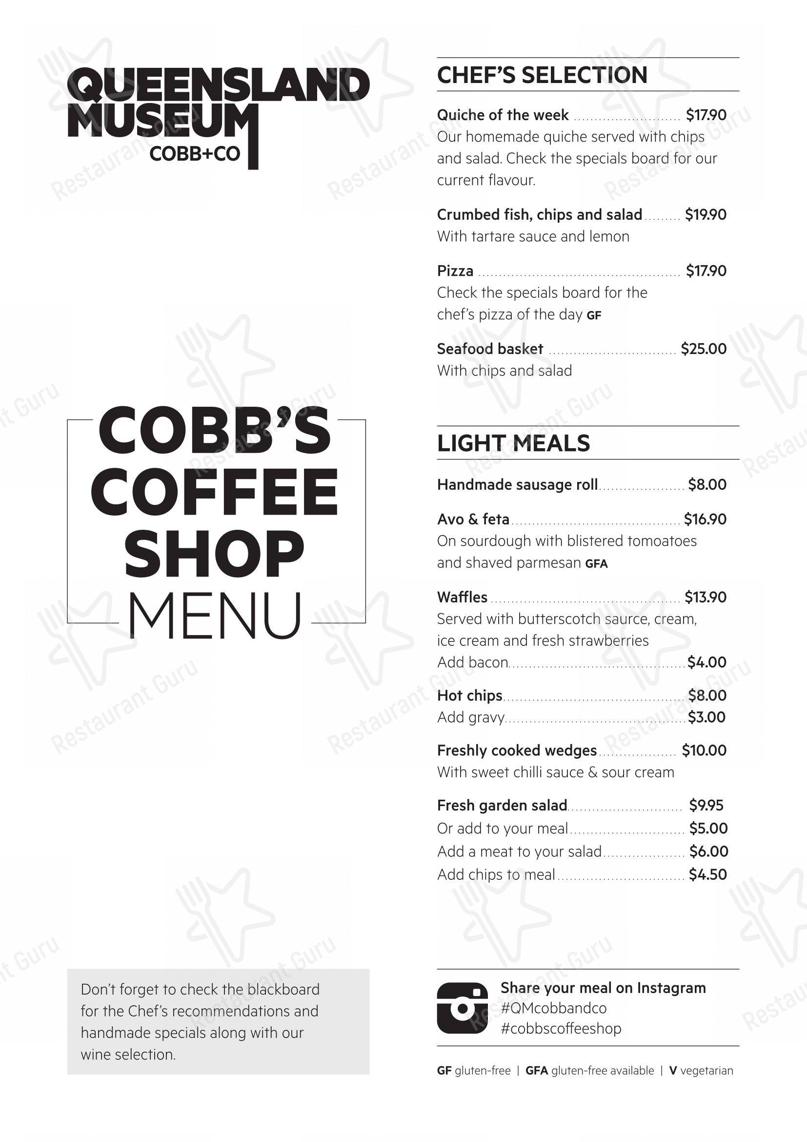 Menu at Cobb's Coffee Shop cafe, East Toowoomba
