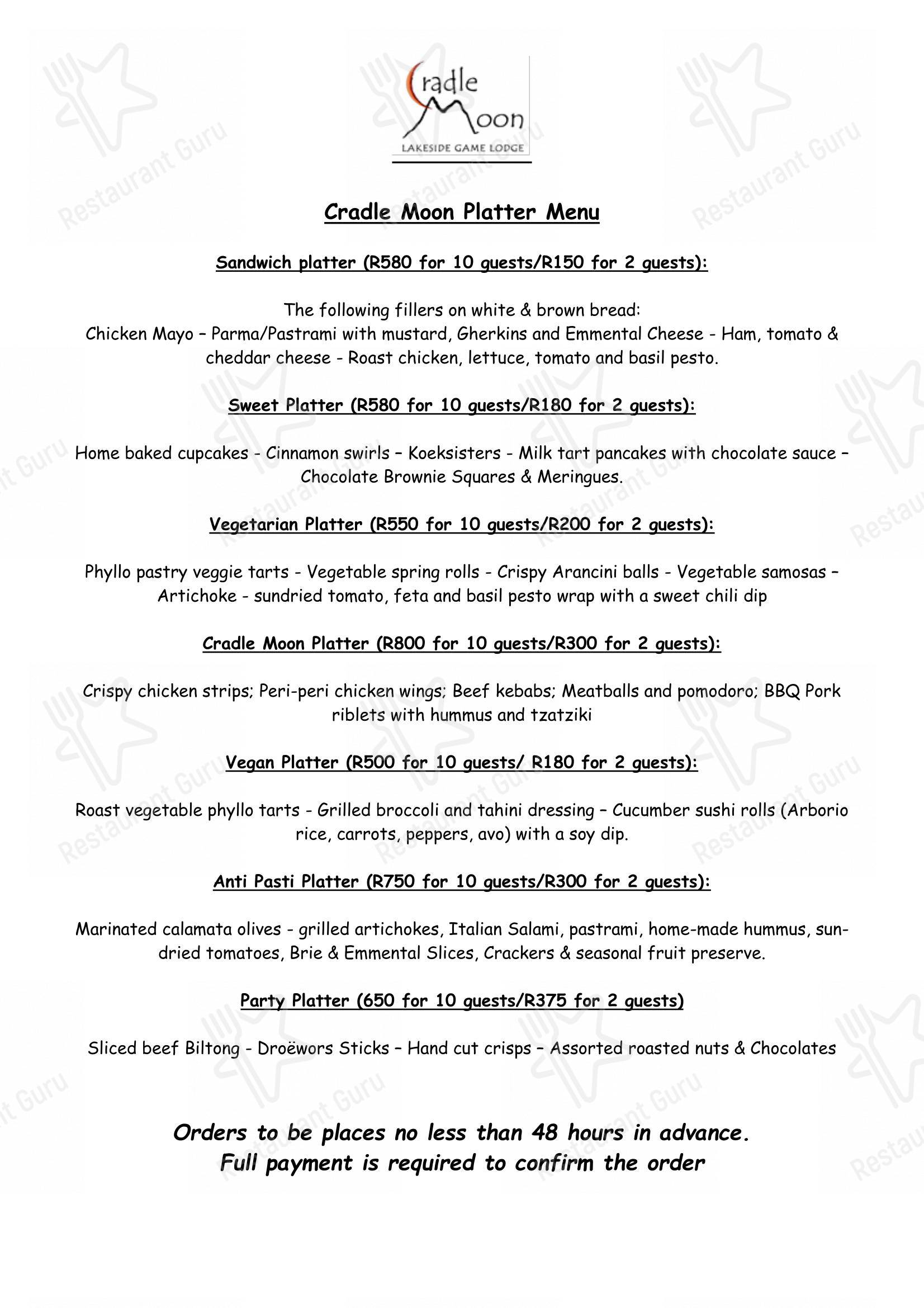Menu at Cradle Moon Lakeside Game Lodge restaurant, Roodepoort
