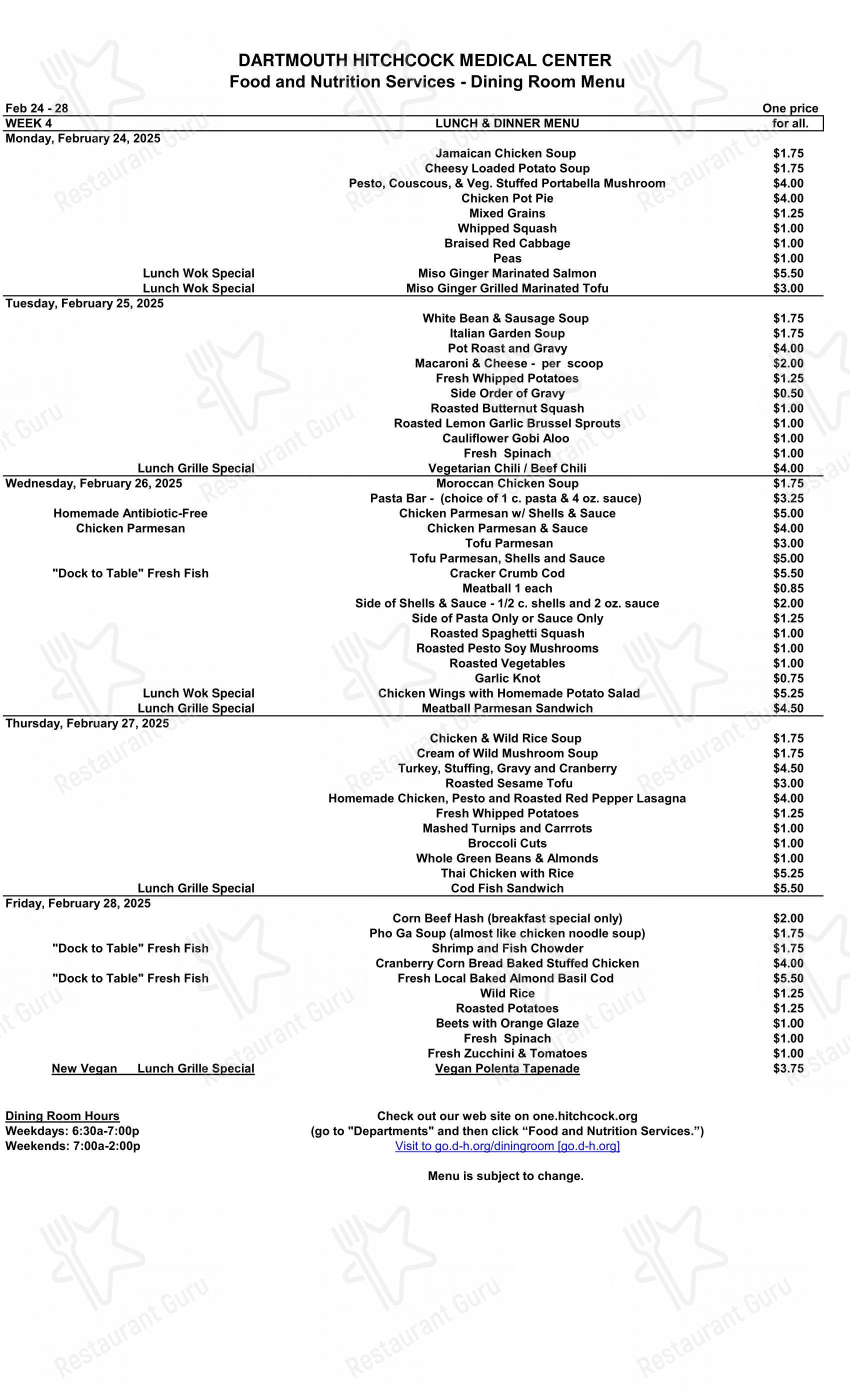 Menu at Dartmouth-Hitchcock Medical Center cafeteria, Lebanon