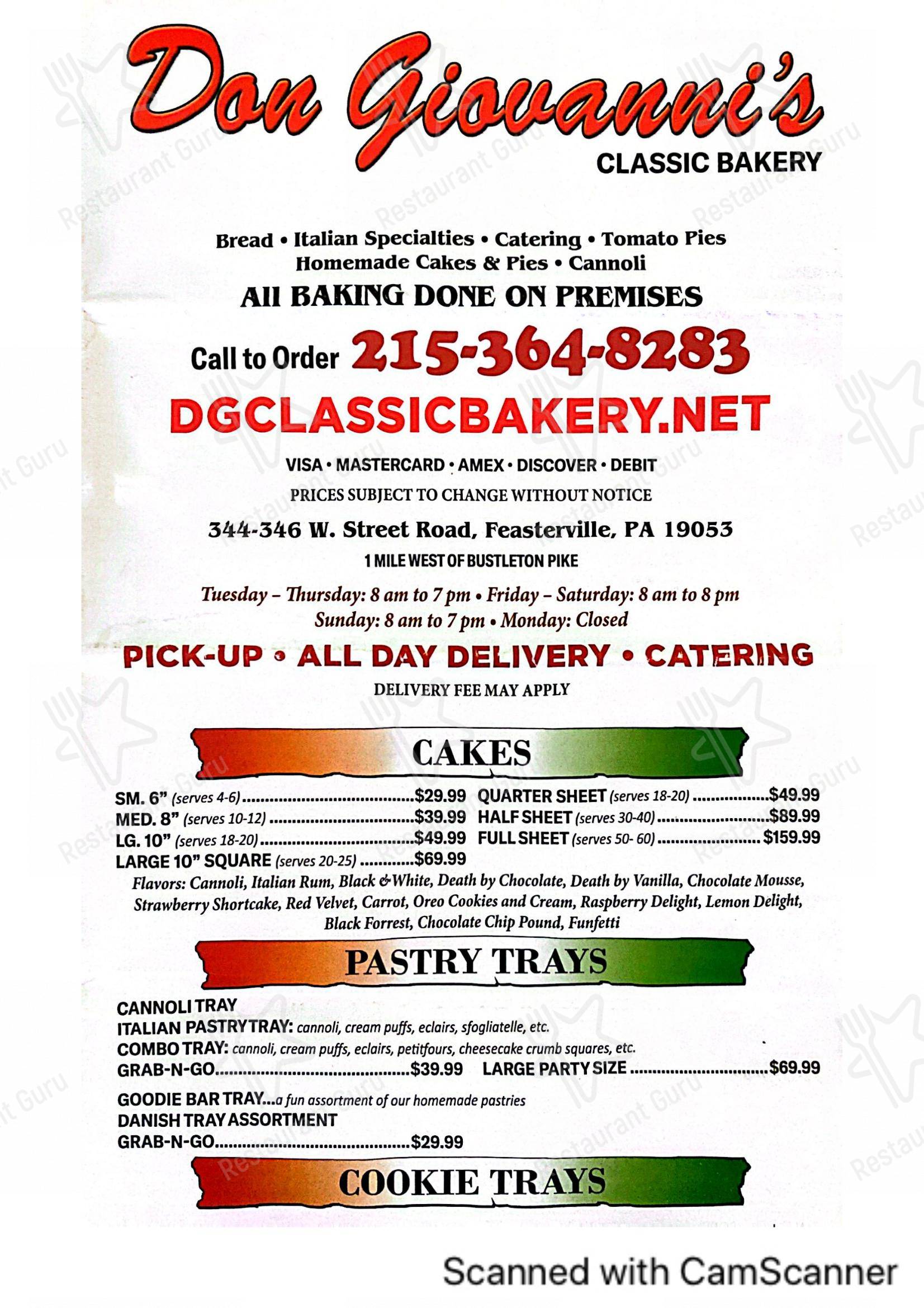 Menu at Don Giovanni's Classic Bakery, Feasterville-Trevose