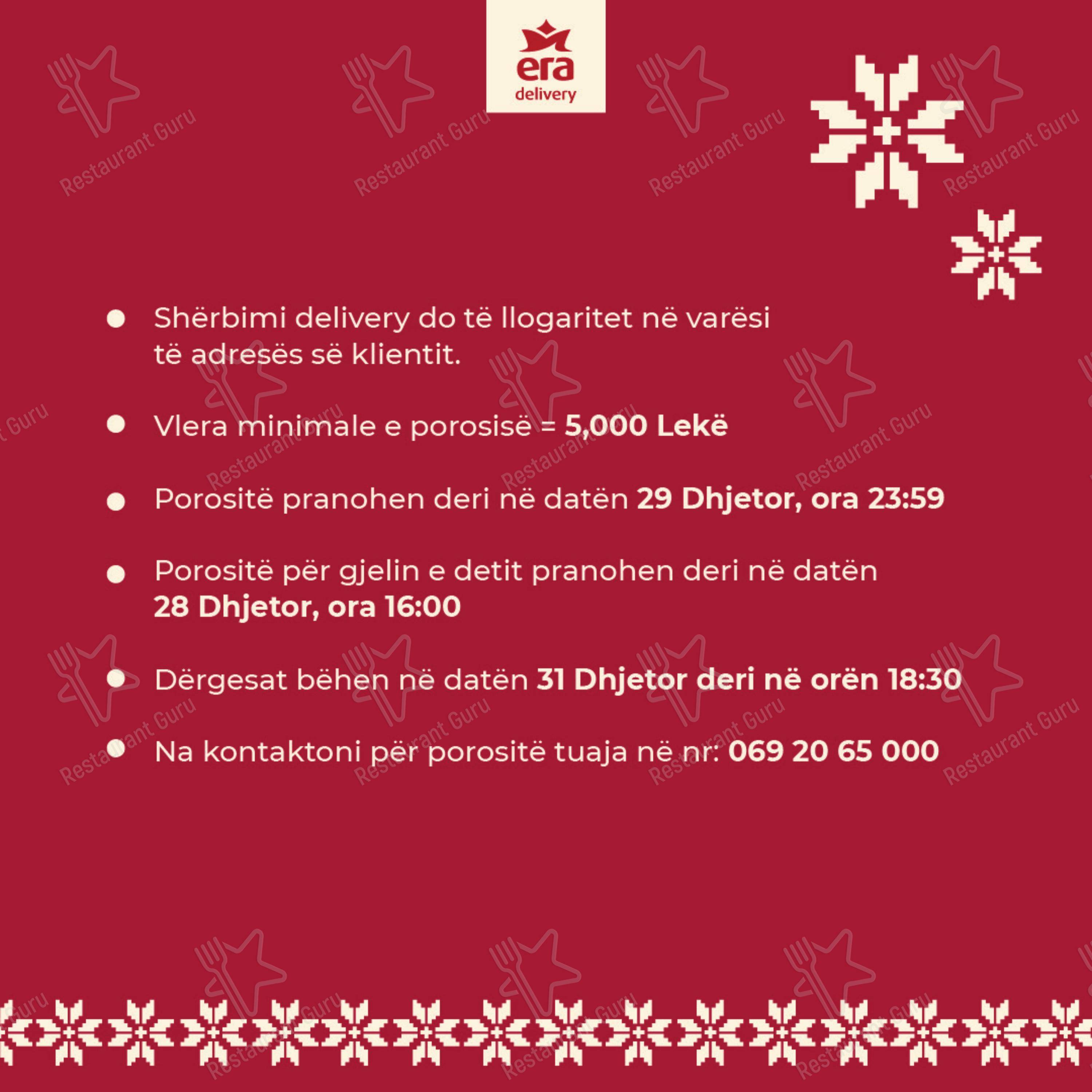 Menu at ERA DELIVERY restaurant, Tirana